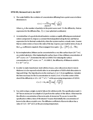 0 Homework Set 1 Solutions - MTSE 655, Homework set 1, Due, 10/17/ Consider an atom diffuses in ...