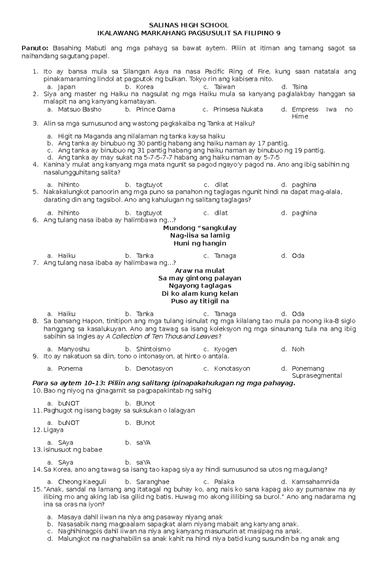 Fil 9 exam q2 - an Exam - SALINAS HIGH SCHOOL IKALAWANG MARKAHANG ...