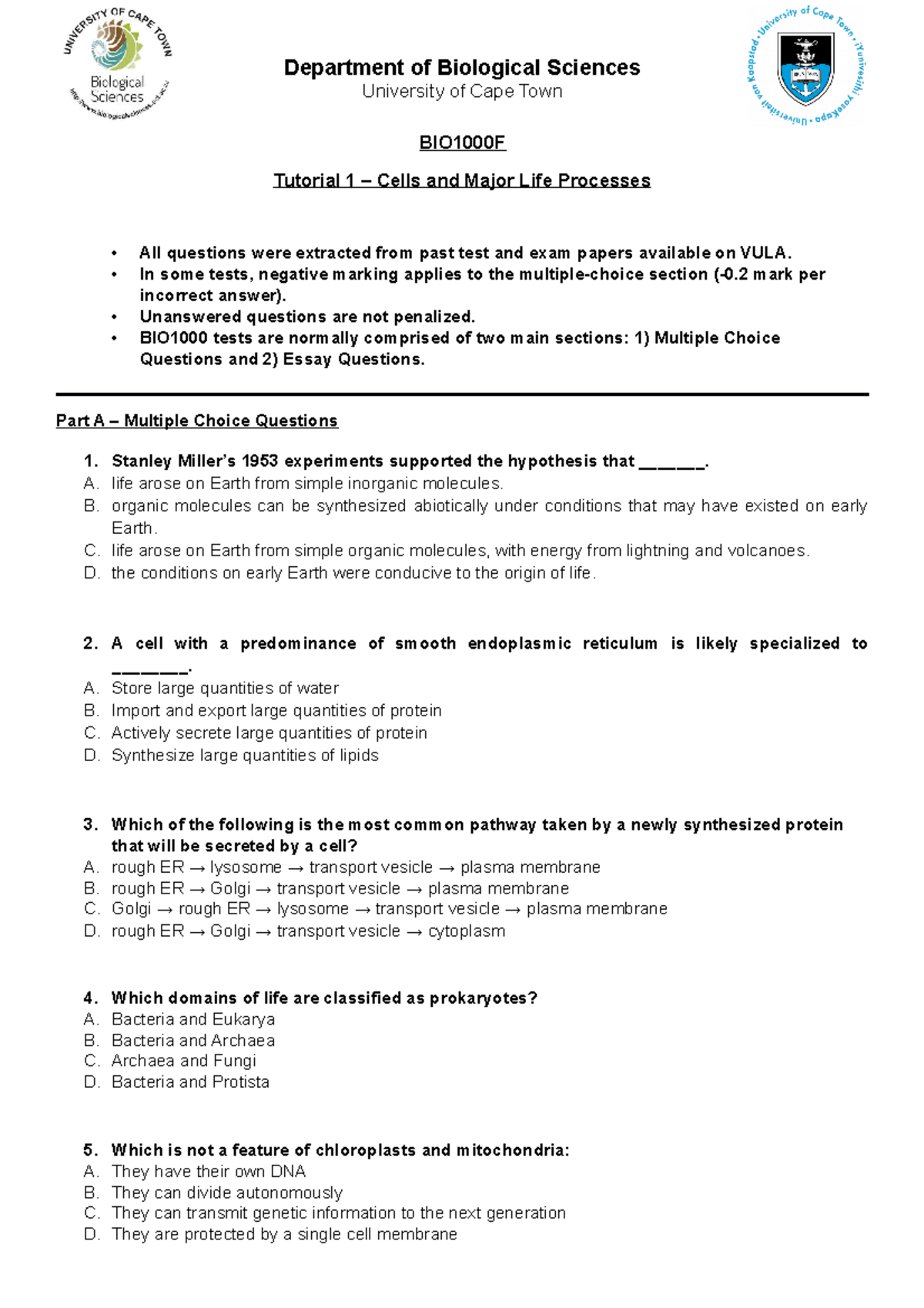 BIO1000 F Tutorial 1 Cells and Major Life Processes - Copy - Department ...