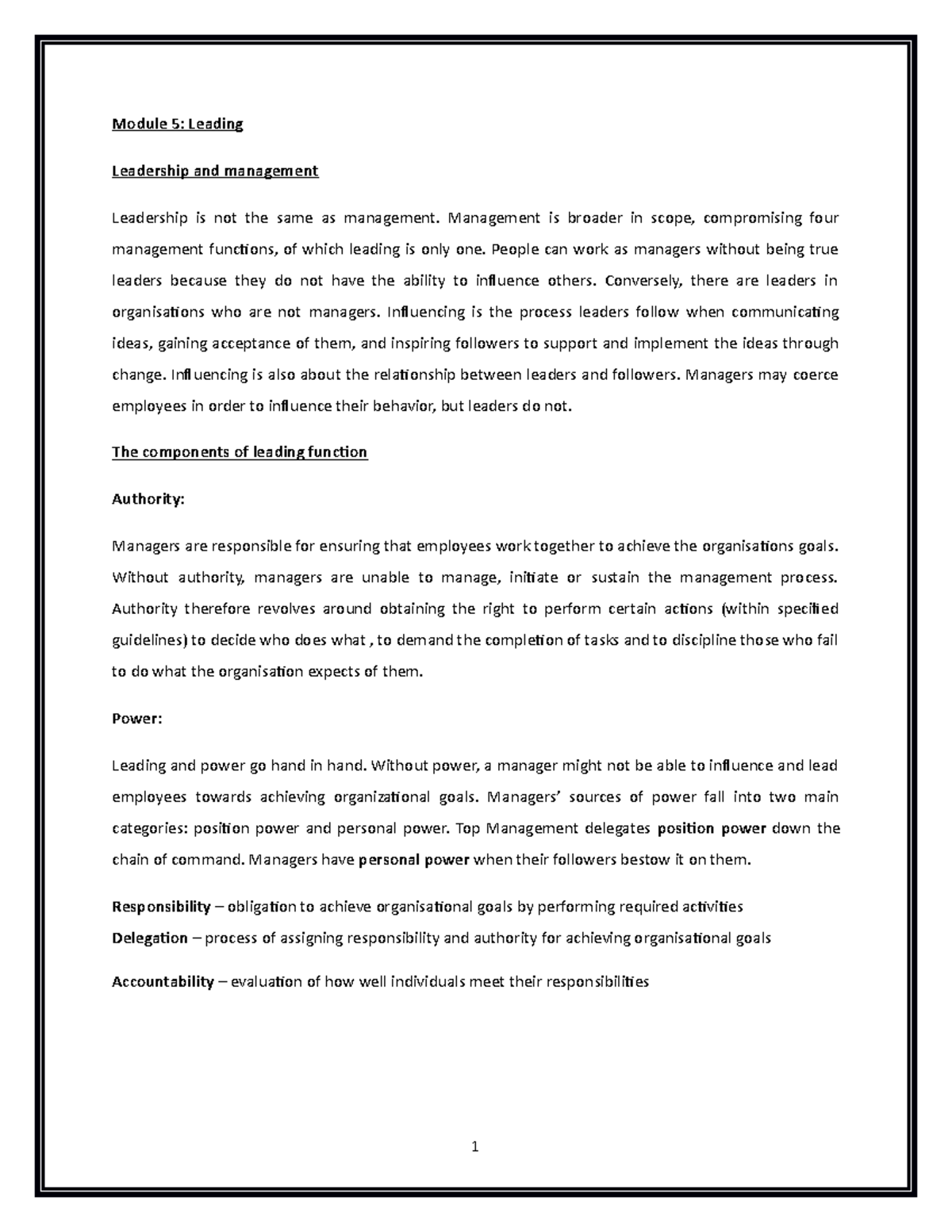 Module 5-Leading notes - Module 5: Leading Leadership and management ...