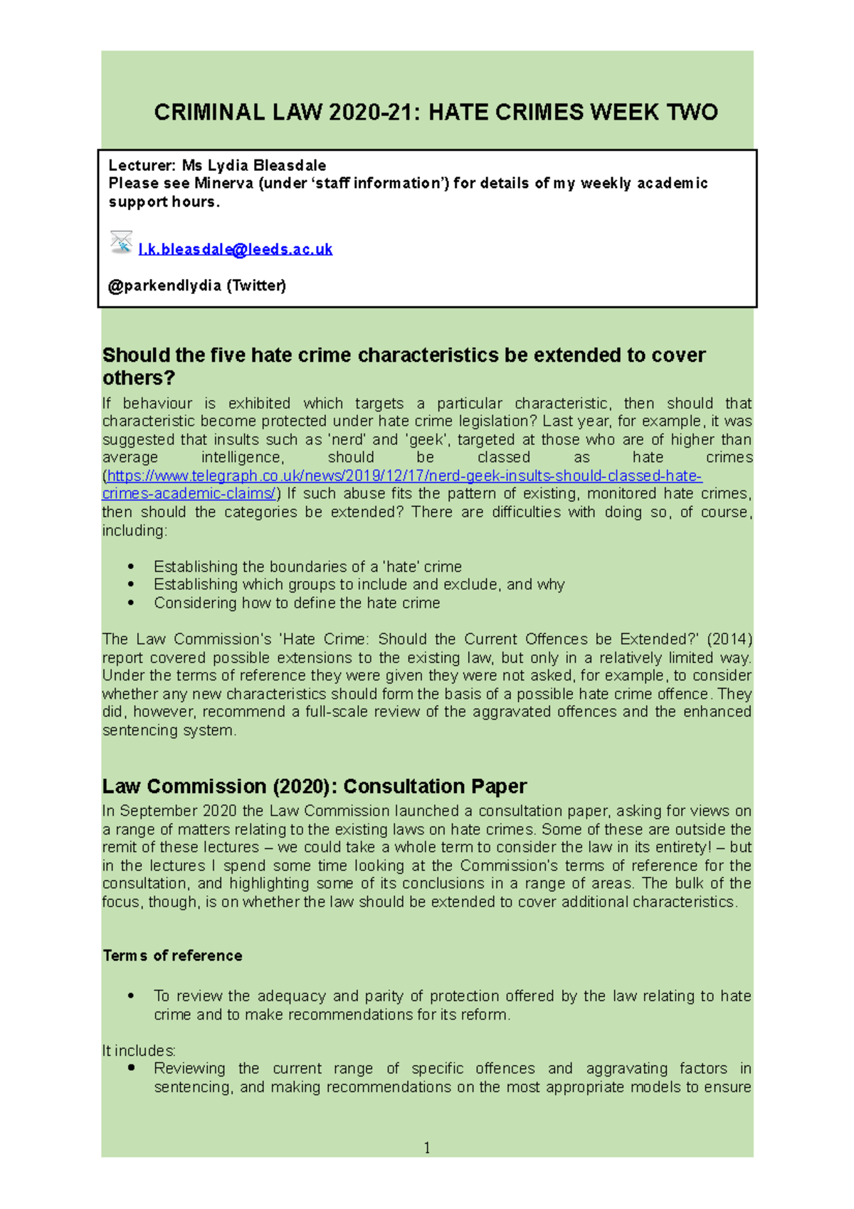 Hate crimes lecture handout week two - CRIMINAL LAW 2020-21: HATE ...