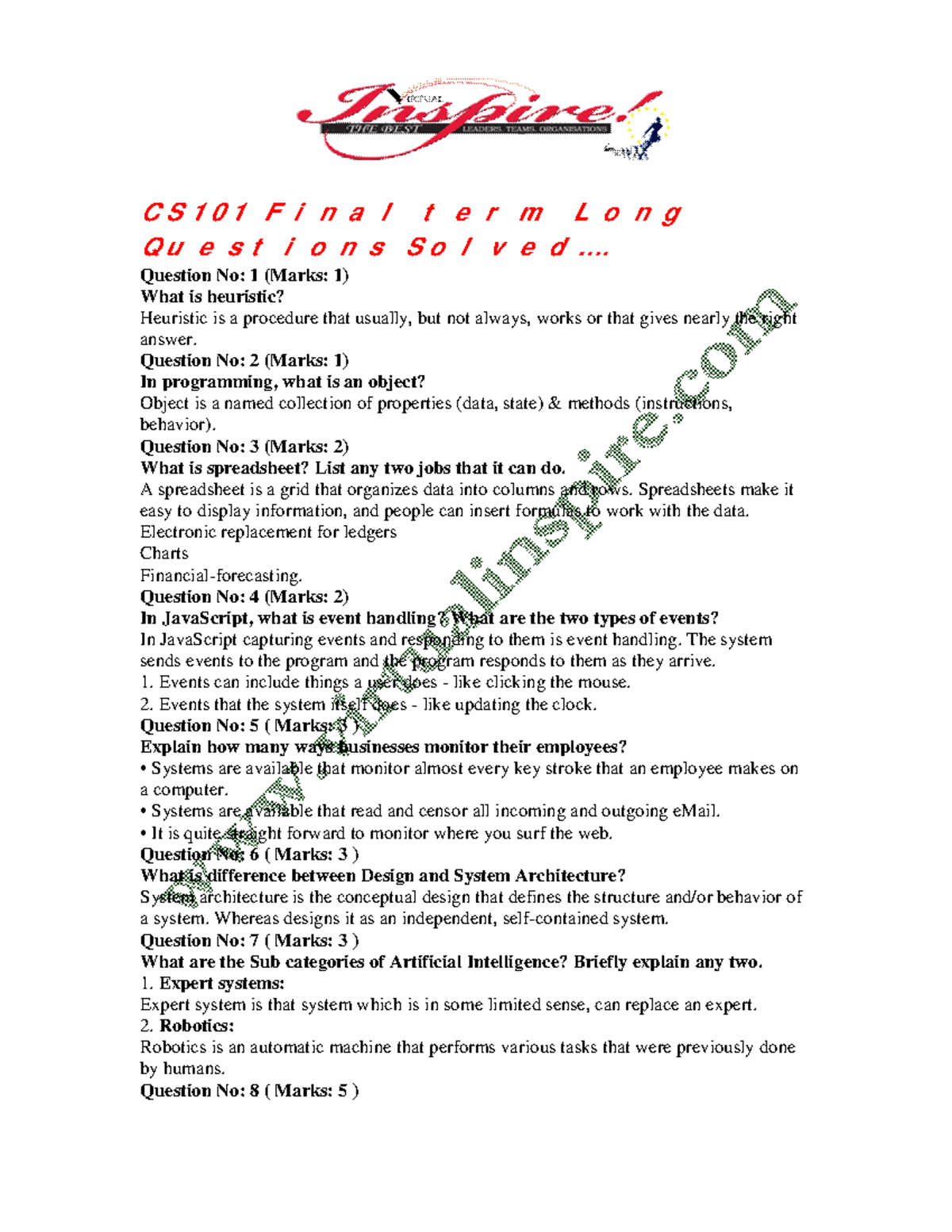 Cs101 Finalterm Long Questions Solved 1 1 Question No 1 Marks 1 What Is Heuristic
