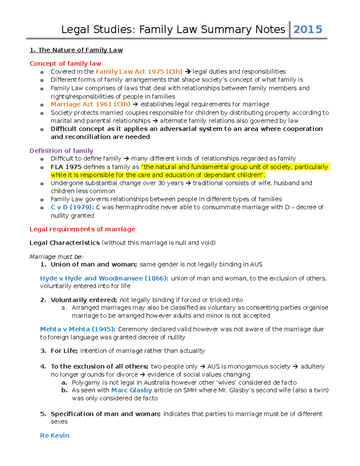 2021Detailed Family Law Notes(1) - The Nature of Family Law Concept of ...