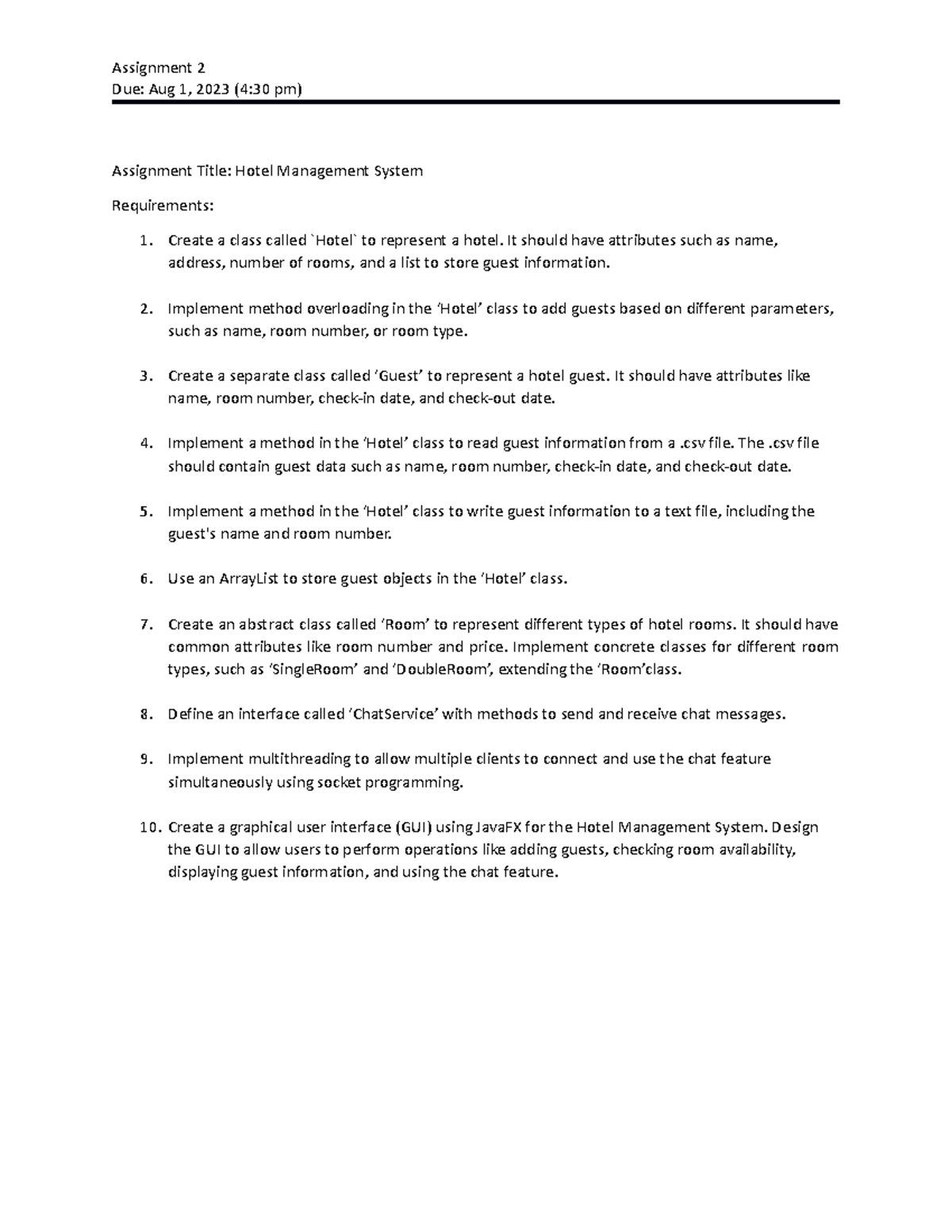 CPSC1181-assignment 2 - Assignment 2 Due: Aug 1, 2023 (4:30 pm) Assignment Title: Hotel ...
