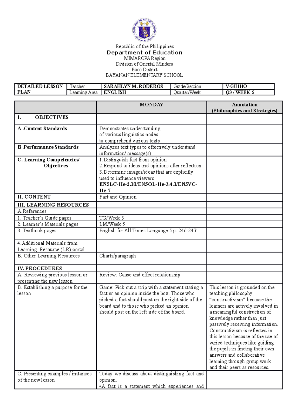 DLP English 5 Q2 W5 D1 - Republic of the Philippines Department of ...