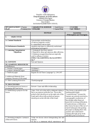 COT 1 IN math - LESSON PLAN FOR CLASS OBERVATION - DAILY LESSON LOG ...