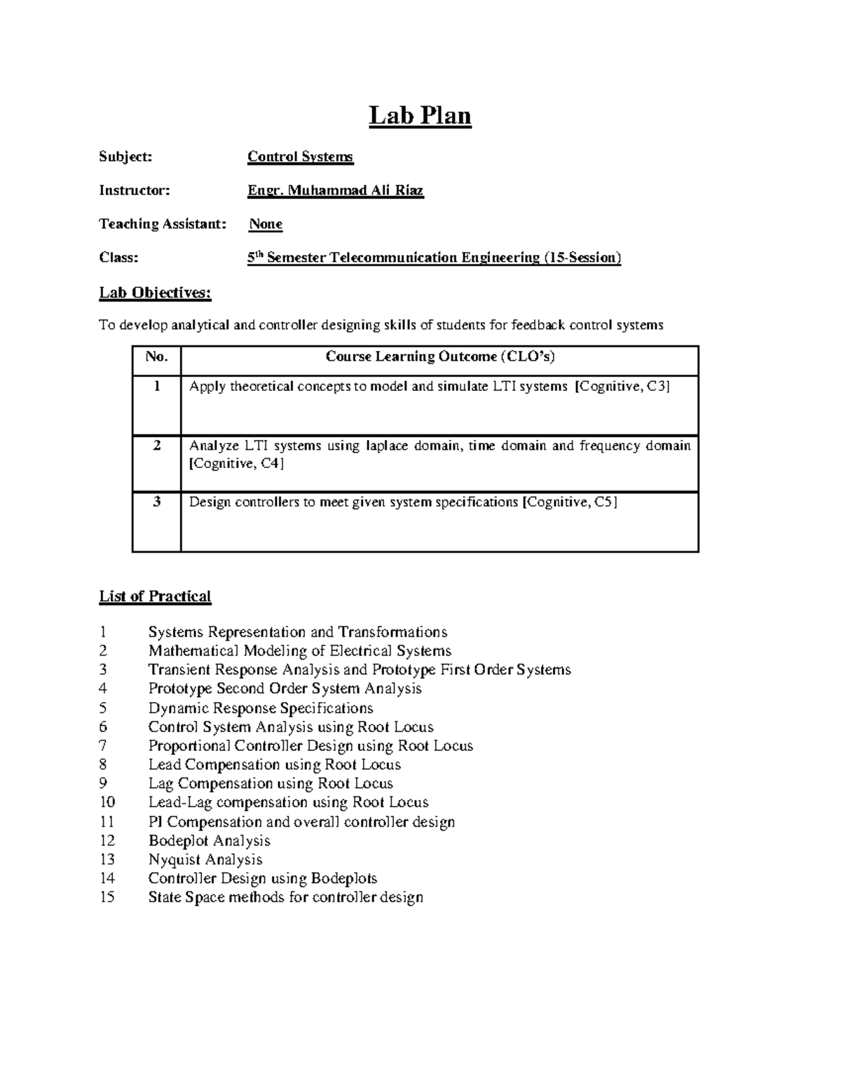 OBE Control Systems Lab Folder - Lab Plan Subject: Control Systems ...