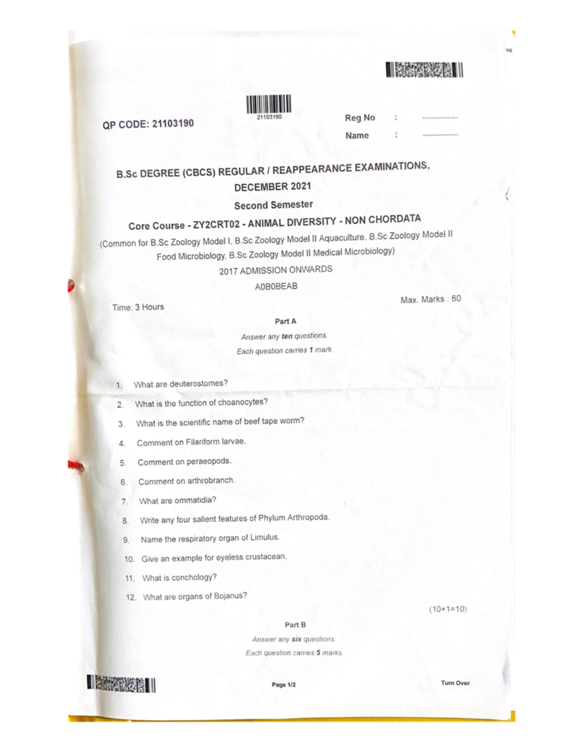 2 Sem 2021 - Sem 2 previous year question paper - 21103190 QP CODE: 21103190 Reg No : Name : B ...