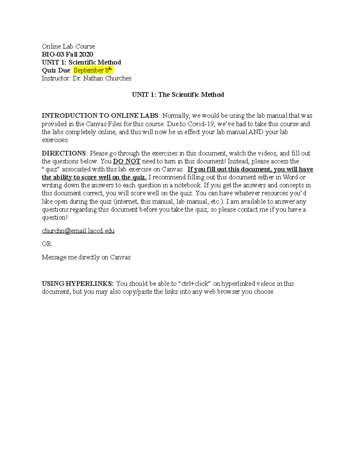 Unit 1- Scientific Method Online LAB - Online Lab Course BIO-03 Fall ...