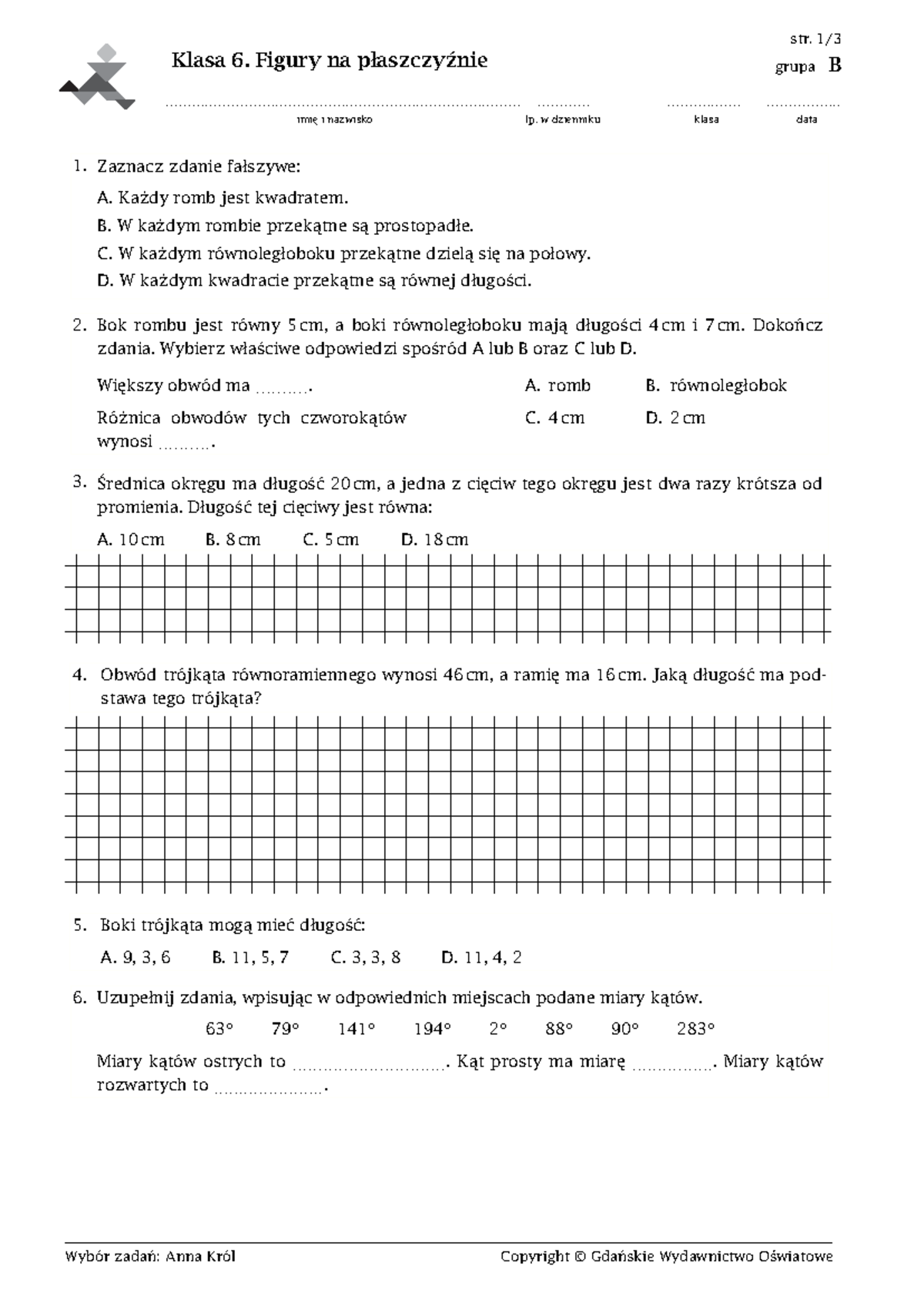 604414284-Figury-na-płaszczyźnie-spr-kl-6-Gr-B - Klasa 6. Figury na płaszczyźnie - Studocu