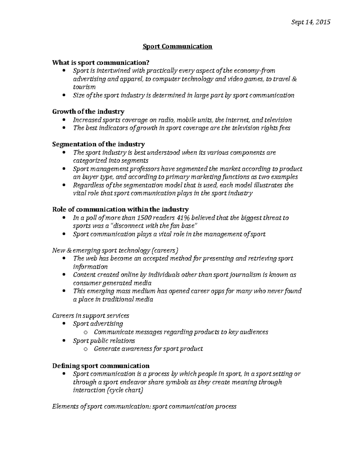 Sport Communication - Summary - Sport comm - Sept 14, 2015 Sport ...