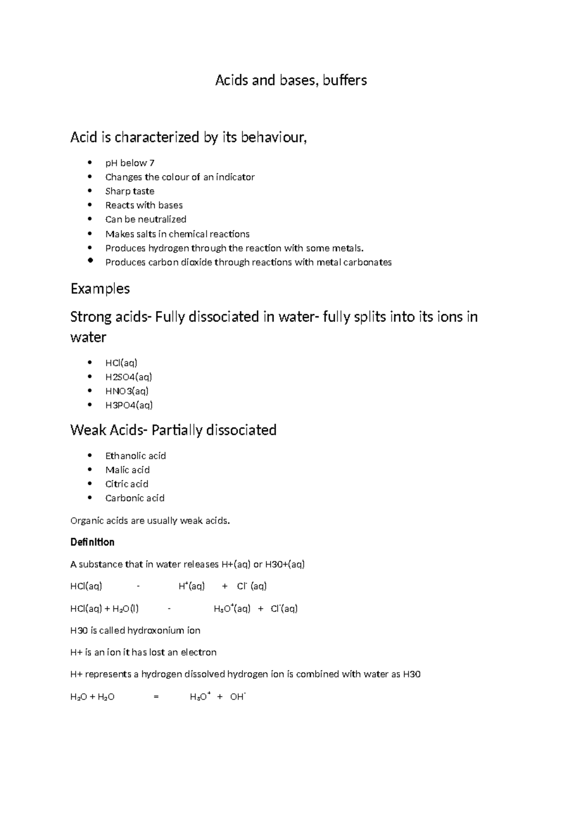 Acids, Bases and Buffers - Acids and bases, buffers Acid is ...