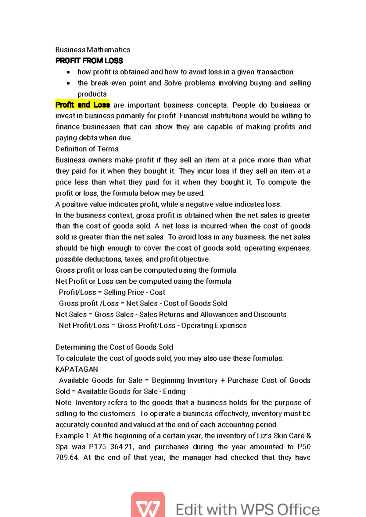 Business Mathematics-2 - Business Mathematics PROFIT FROM LOSS how ...