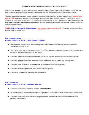 1401 LAB Final Review - EARTH SCIENCE I (1401) LAB FINAL REVIEW SHEET Listed below are topics to ...