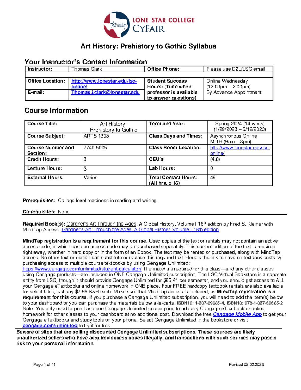 Clark T ARTS 1303 5005 Spring 2024 14W LSC - Art History: Prehistory to ...