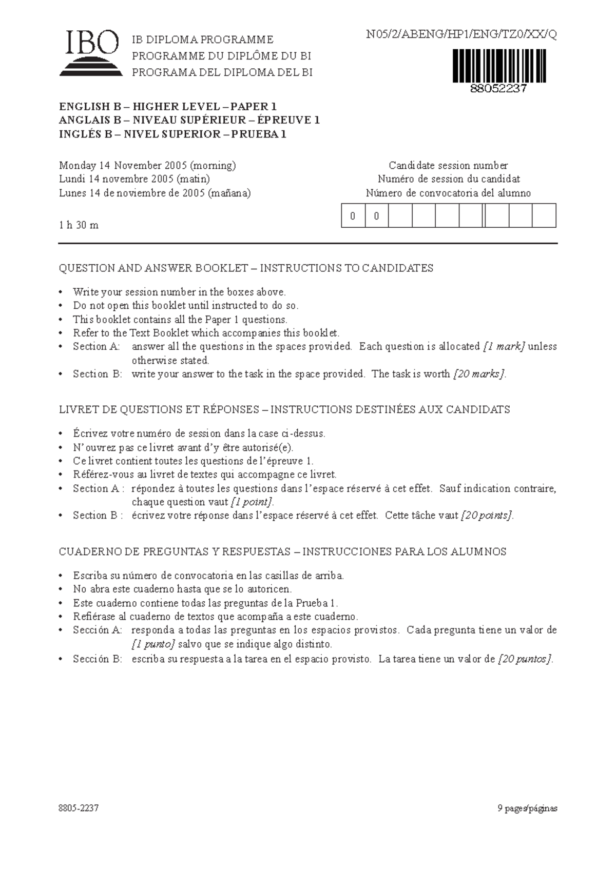 English B paper 1 question booklet HL - 8805-2237 9 pages/páginas N05/2 ...