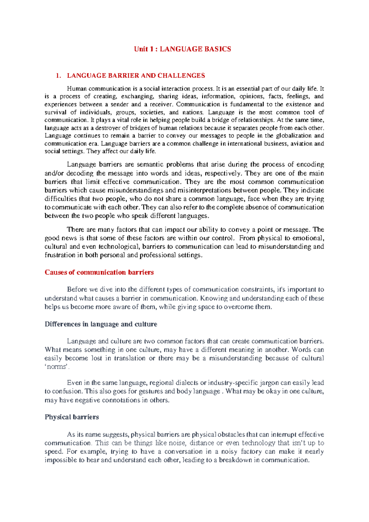 EBCunit 1 - Unit 1 : LANGUAGE BASICS LANGUAGE BARRIER AND CHALLENGES Human communication is a ...