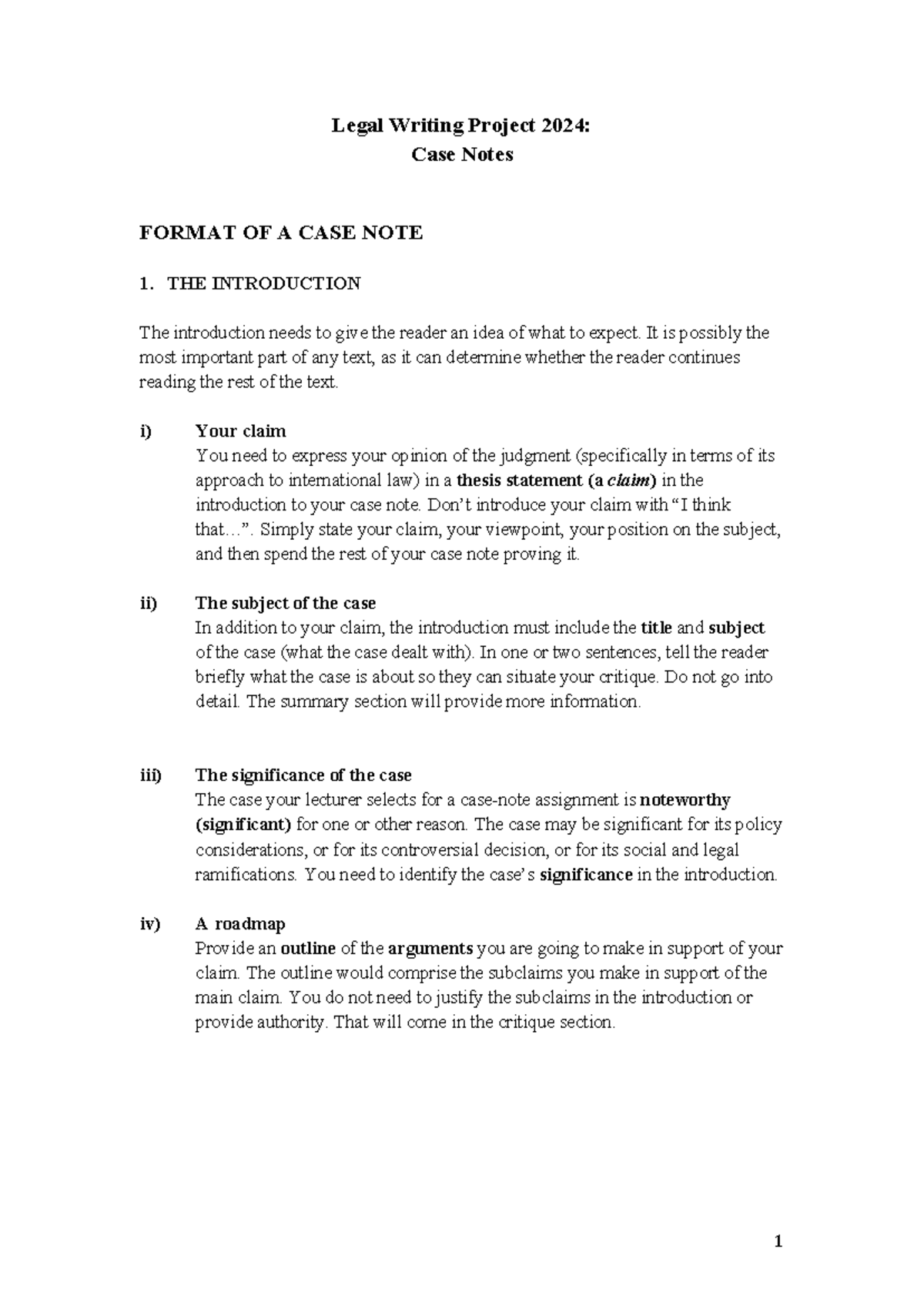Instructions on Case Notes 2024 - 1 Legal Writing Project 2024 : Case ...