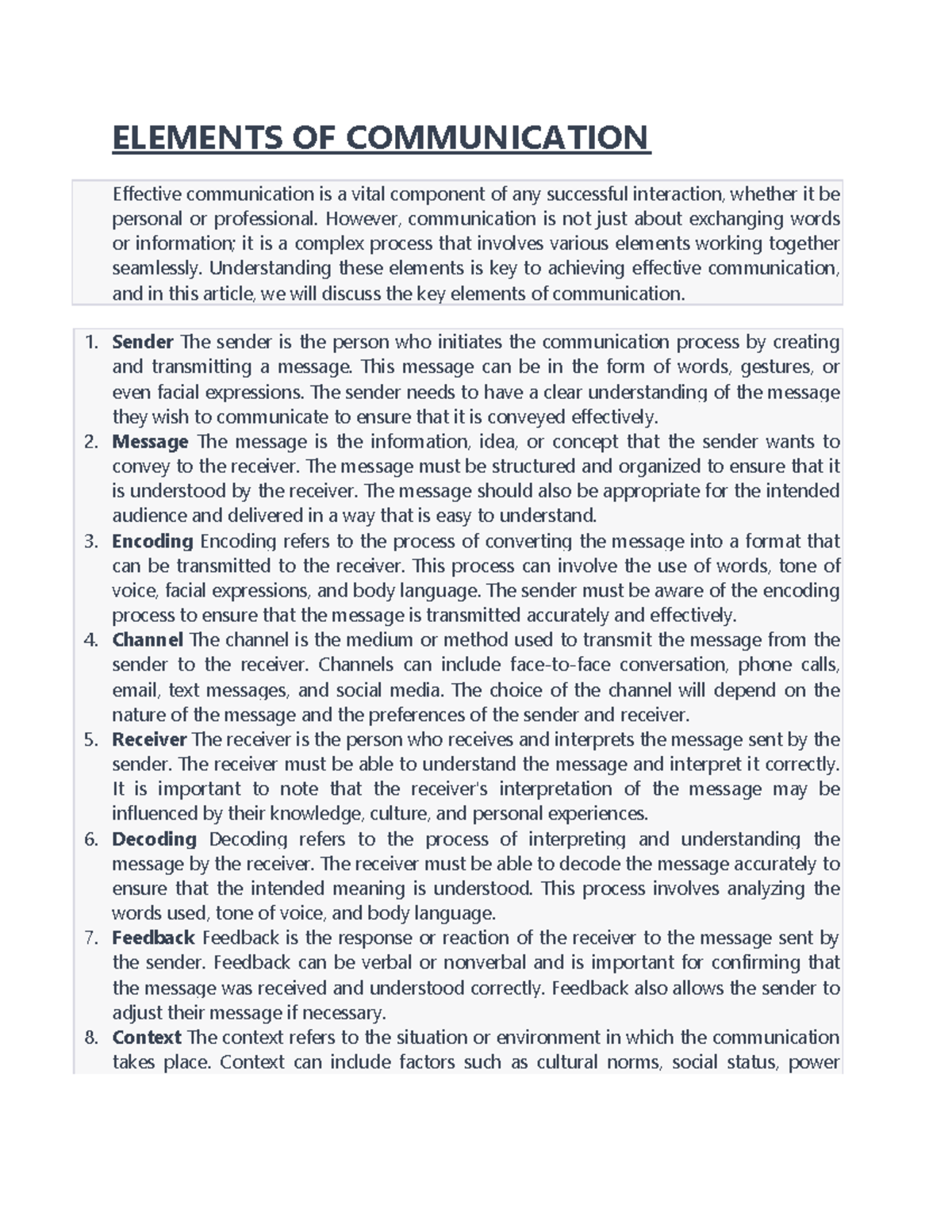 Elements OF Communication - ELEMENTS OF COMMUNICATION Effective ...