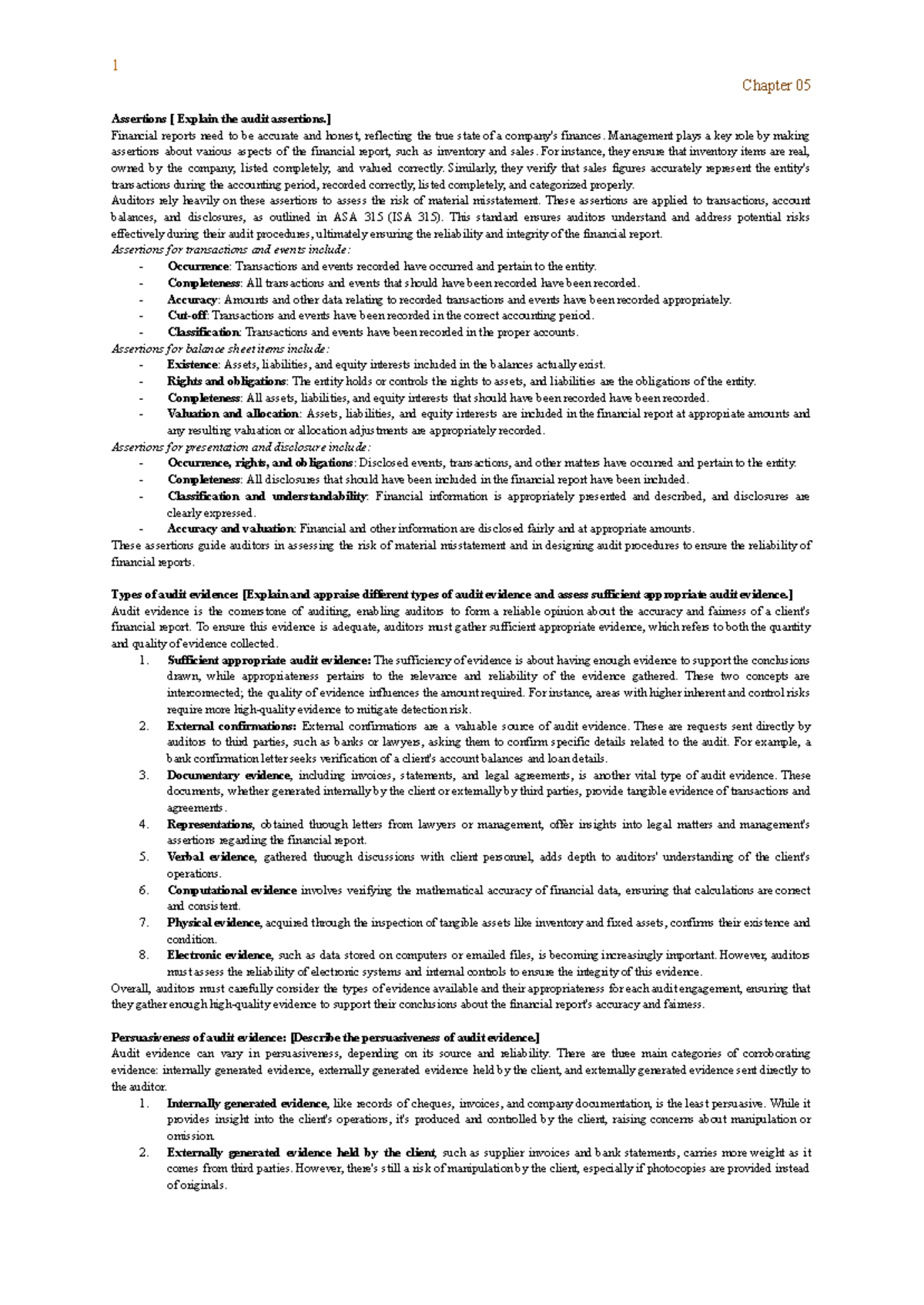 Audit (Chapter 05)-1 - 1 Chapter 05 Assertions [ Explain the audit ...