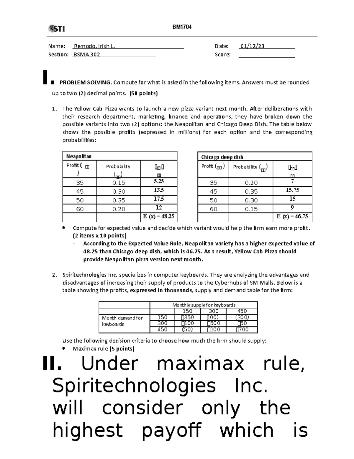 ME-12 Task Performance 15 - BM 01/12/ I. PROBLEM SOLVING. Compute for what is asked in the ...