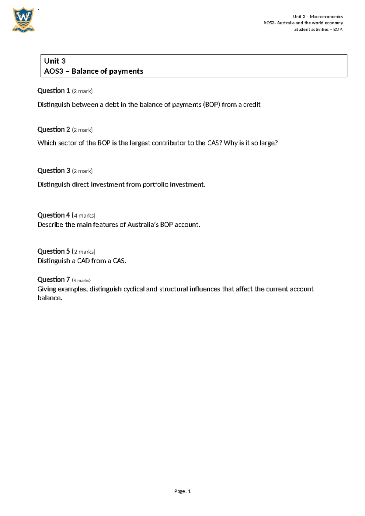 Yr12Eco U3AOS3 BOP Learning activities Student - Unit 3 ...
