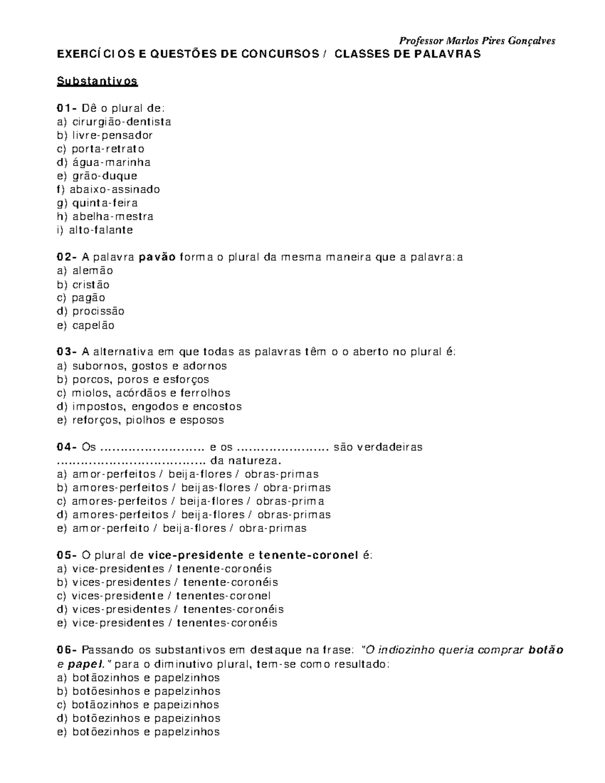 Exercicios classes de palavras - EXERCÍCIOS E QUESTÕES DE CONCURSOS ...