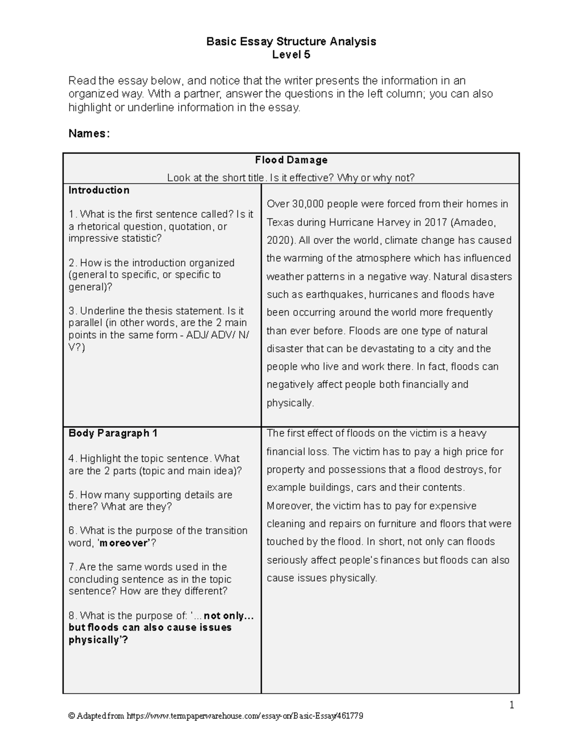 Basic Essay Structure Analysis Level 5 21F - Basic Essay Structure ...