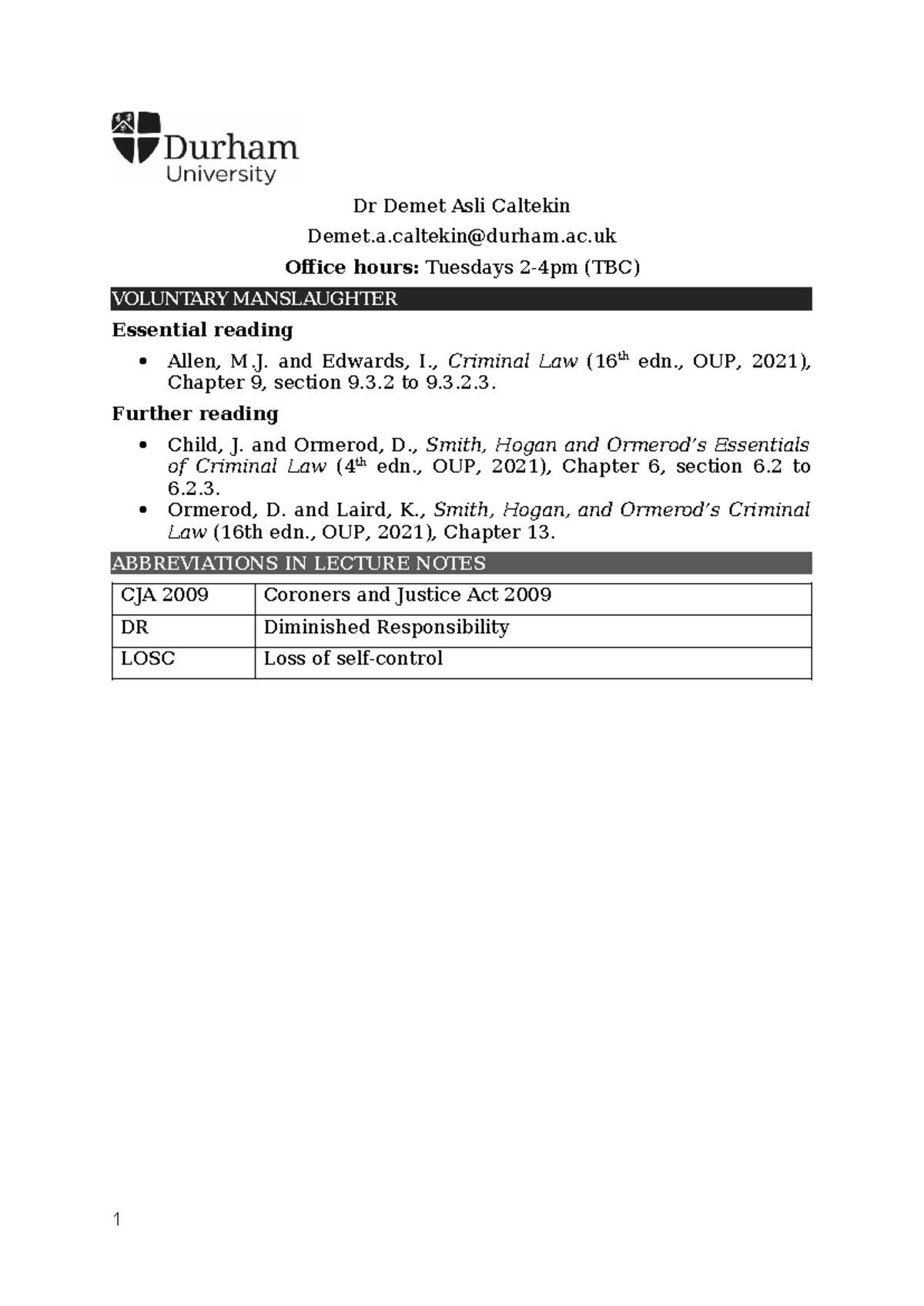 Handout Voluntary Manslaughter - Dr Demet Asli Caltekin Demet.a@durham ...