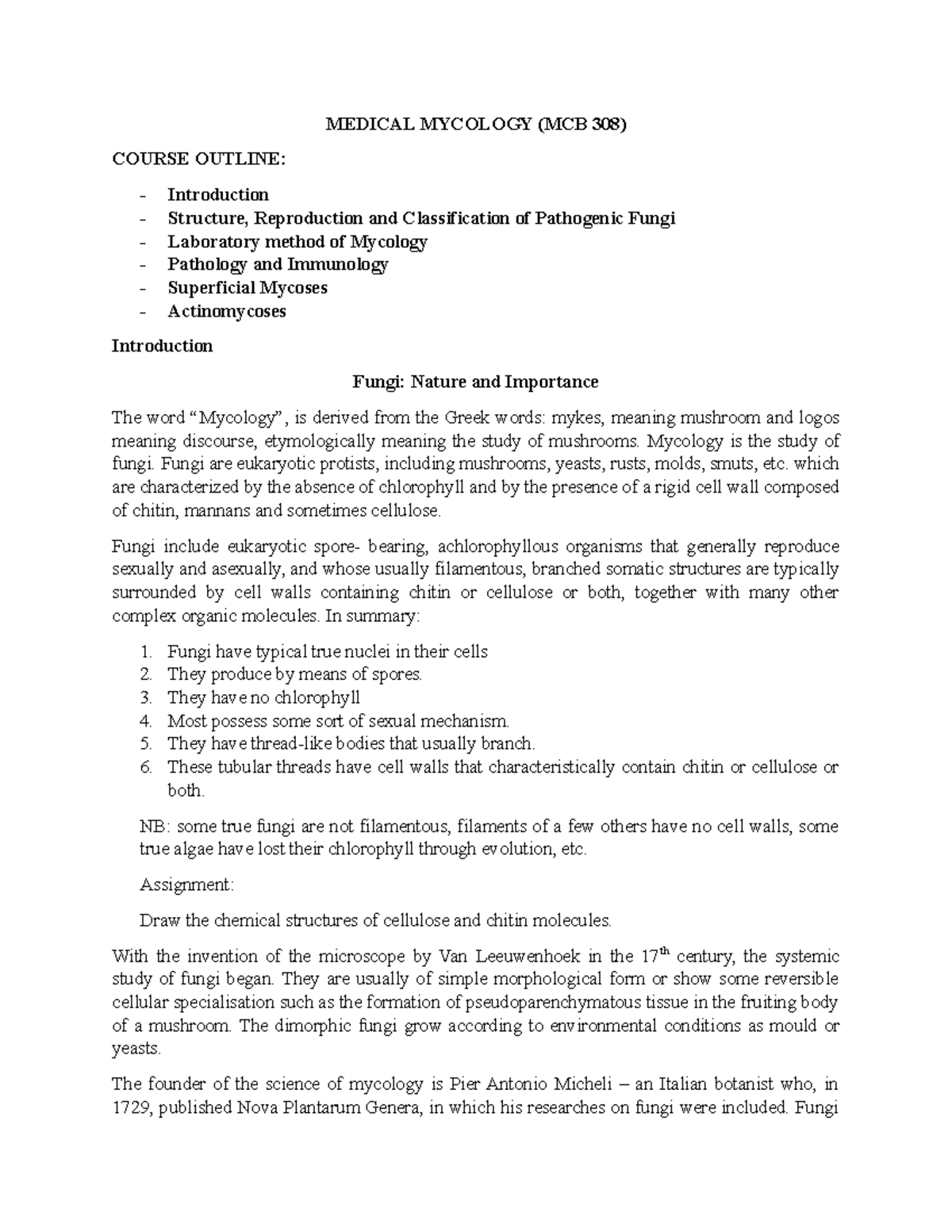 MCB 308 note - MEDICAL MYCOLOGY (MCB 308) COURSE OUTLINE ...