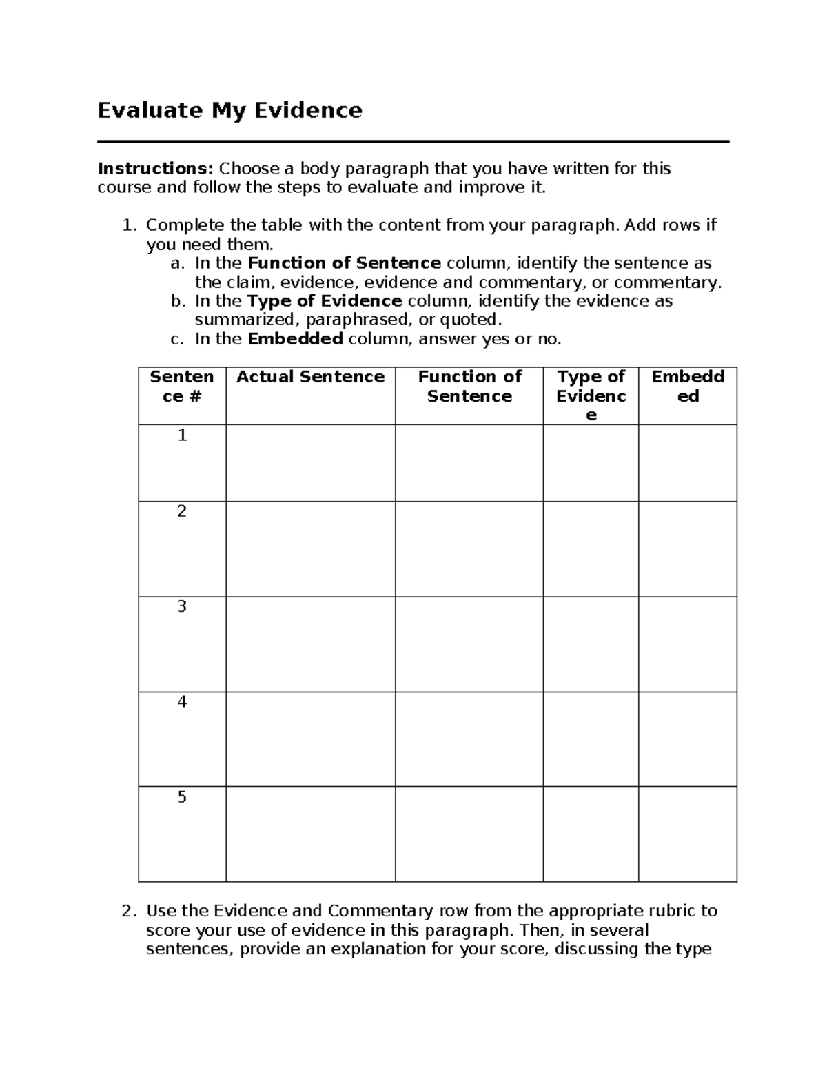 Evaluateevidence - English - Evaluate My Evidence Instructions: Choose ...
