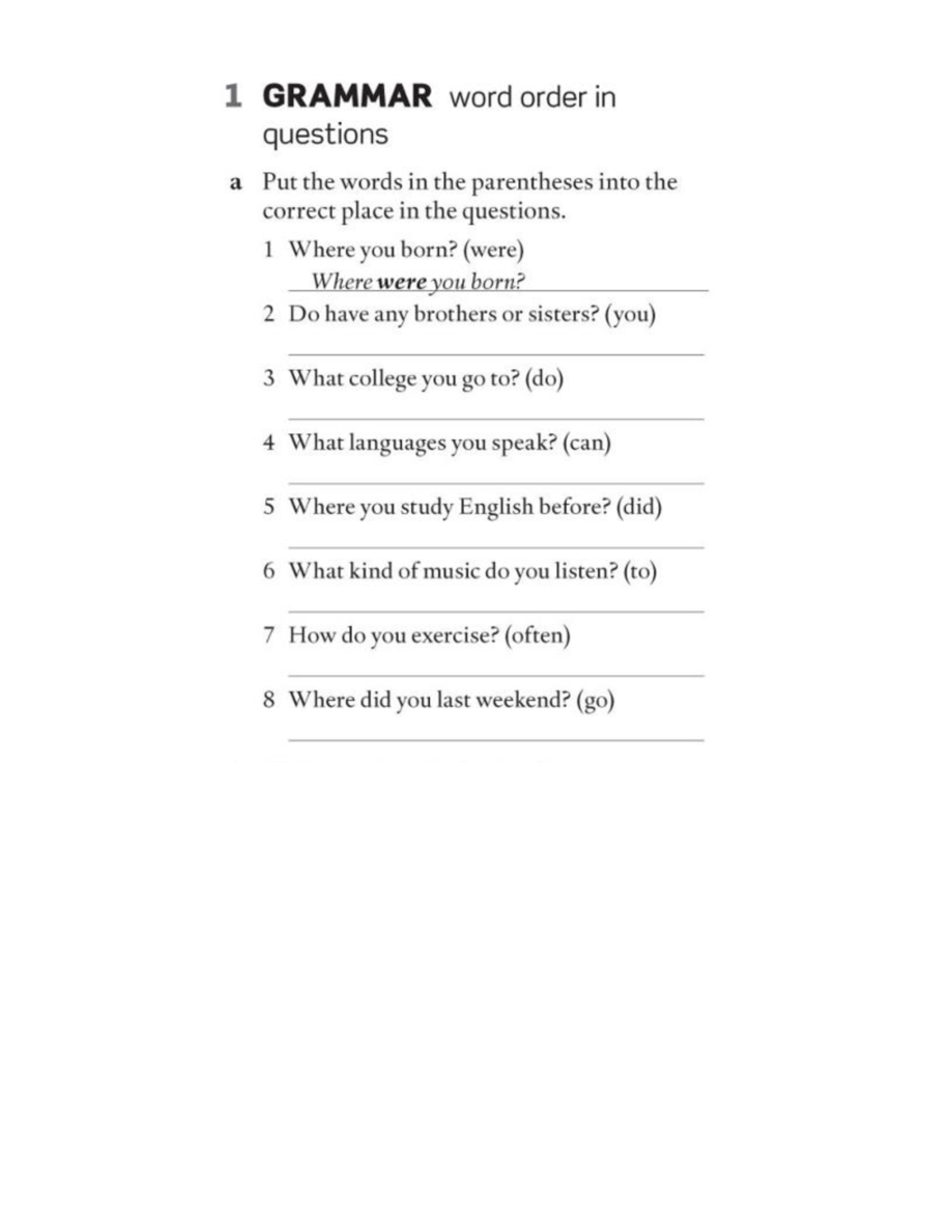 1 grammar word order in questions - 1 GRAMMAR word order in questions a ...
