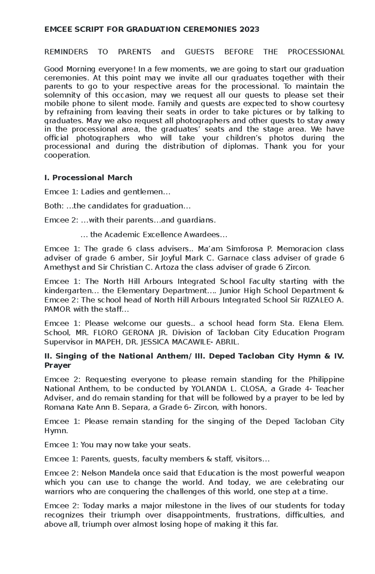 2023 English Graduation Script - EMCEE SCRIPT FOR GRADUATION CEREMONIES ...