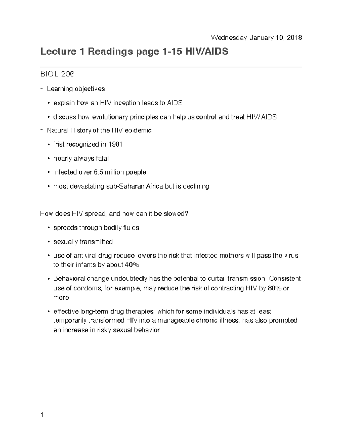 Lecture 1 Readings HIV:AIDS copy - Lecture 1 Readings page 1-15 HIV ...
