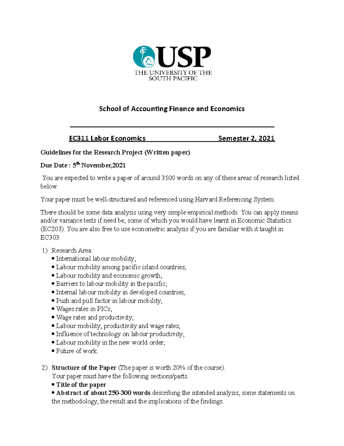 EC311 Major Assignment 20% - School of Accounting Finance and Economics ...