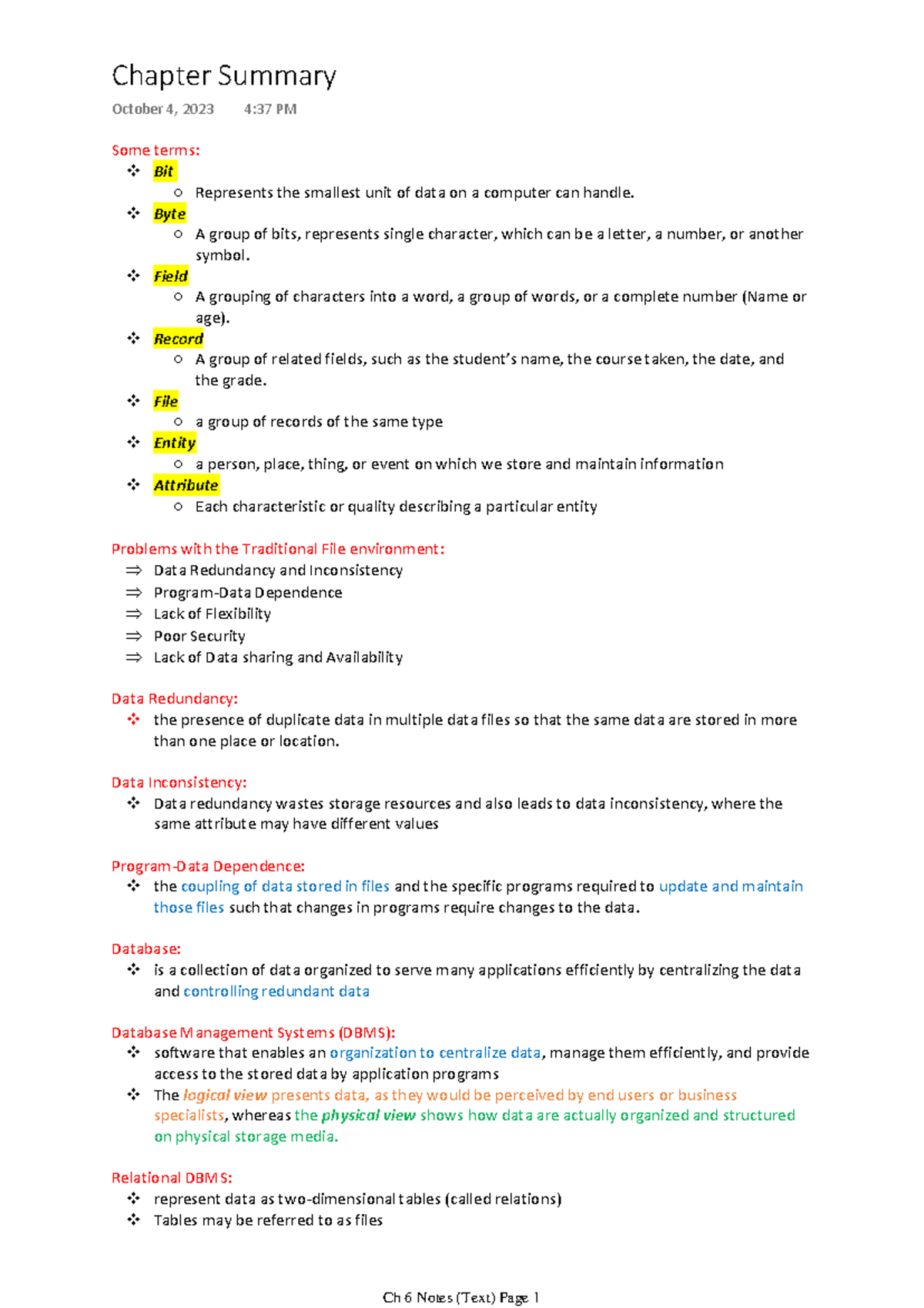 Chapter 6 - Great resource - Some terms: Bit Represents the smallest ...