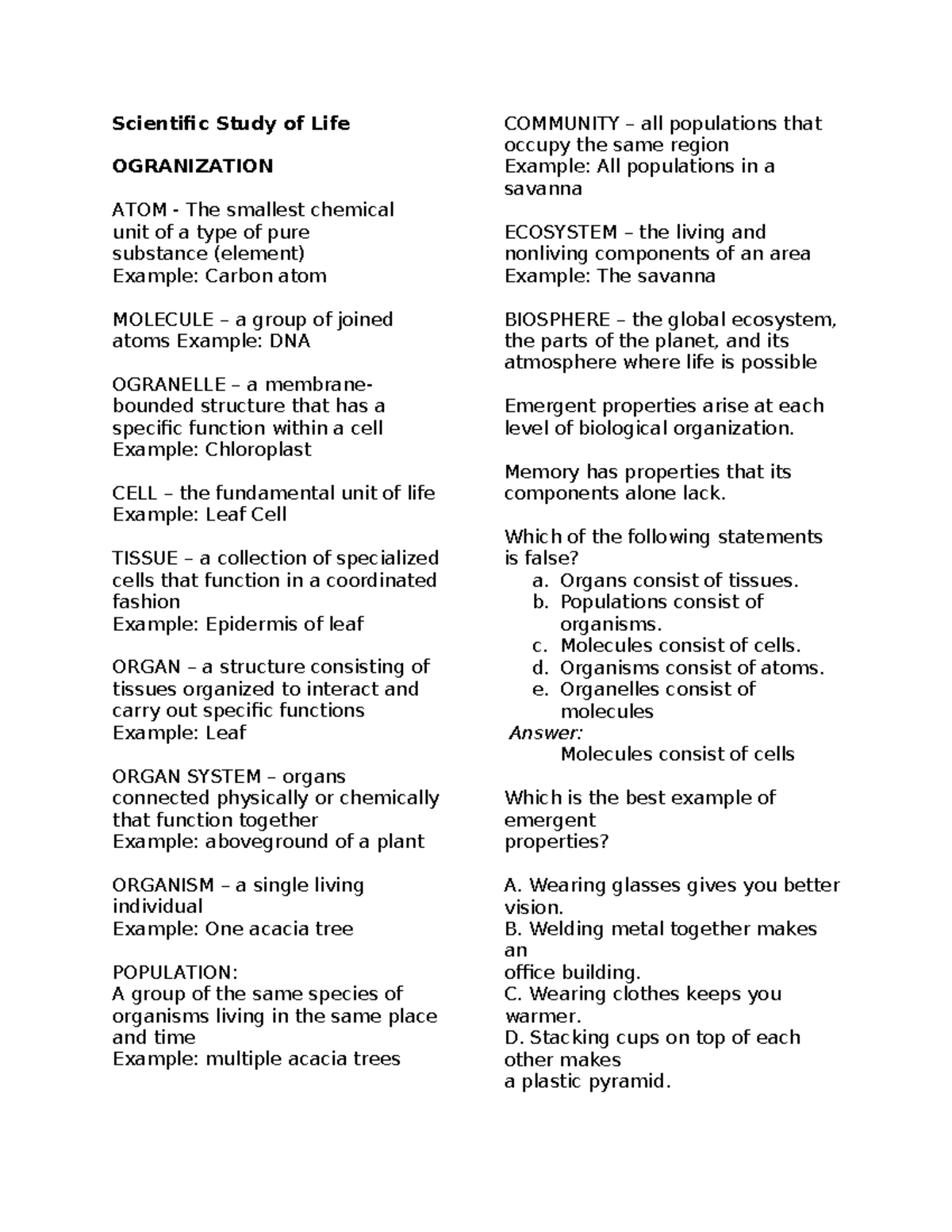 BIO- Typed - Nots - Scientific Study of Life OGRANIZATION ATOM - The ...