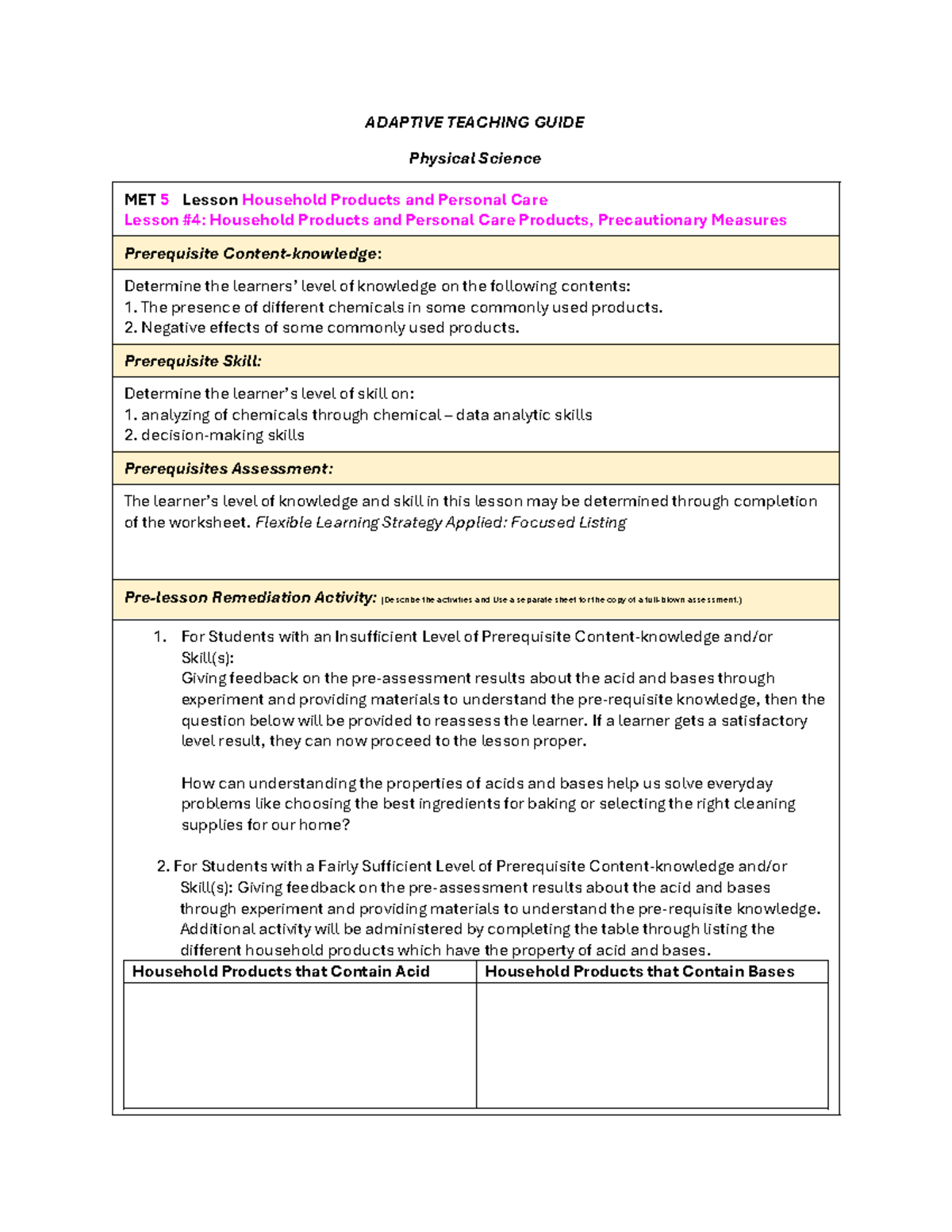 Adaptive Teaching Guide Template - ADAPTIVE TEACHING GUIDE Physical ...
