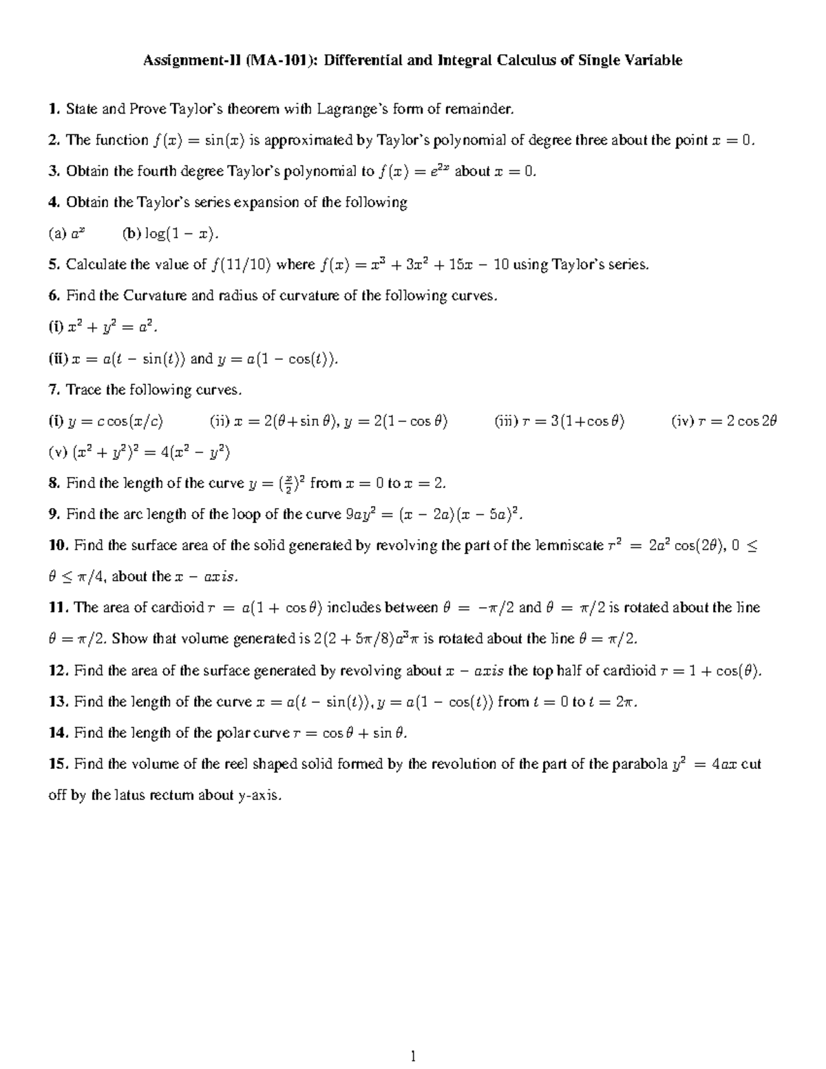 Assignment- (MA) Topic: Differential and Integral Calculus of Single Variable - Assignment-II ...