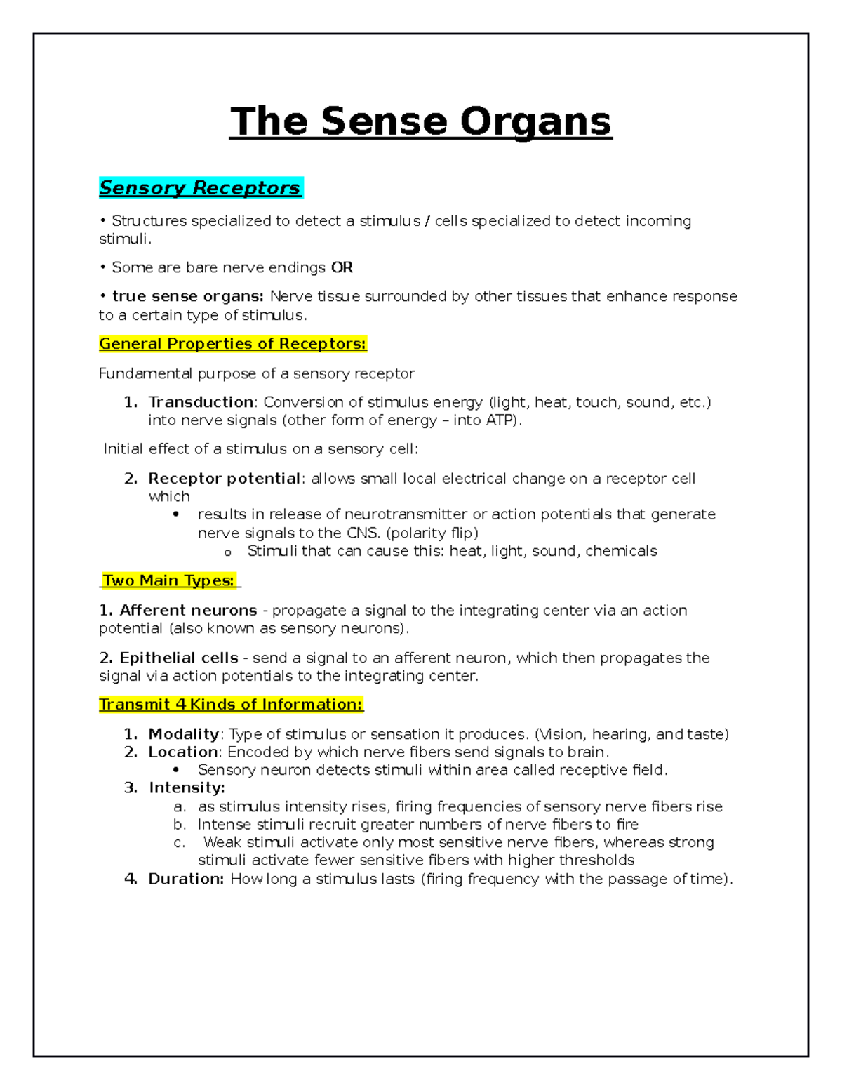 Unit 4 notes - The Sense Organs Sensory Receptors Structures ...
