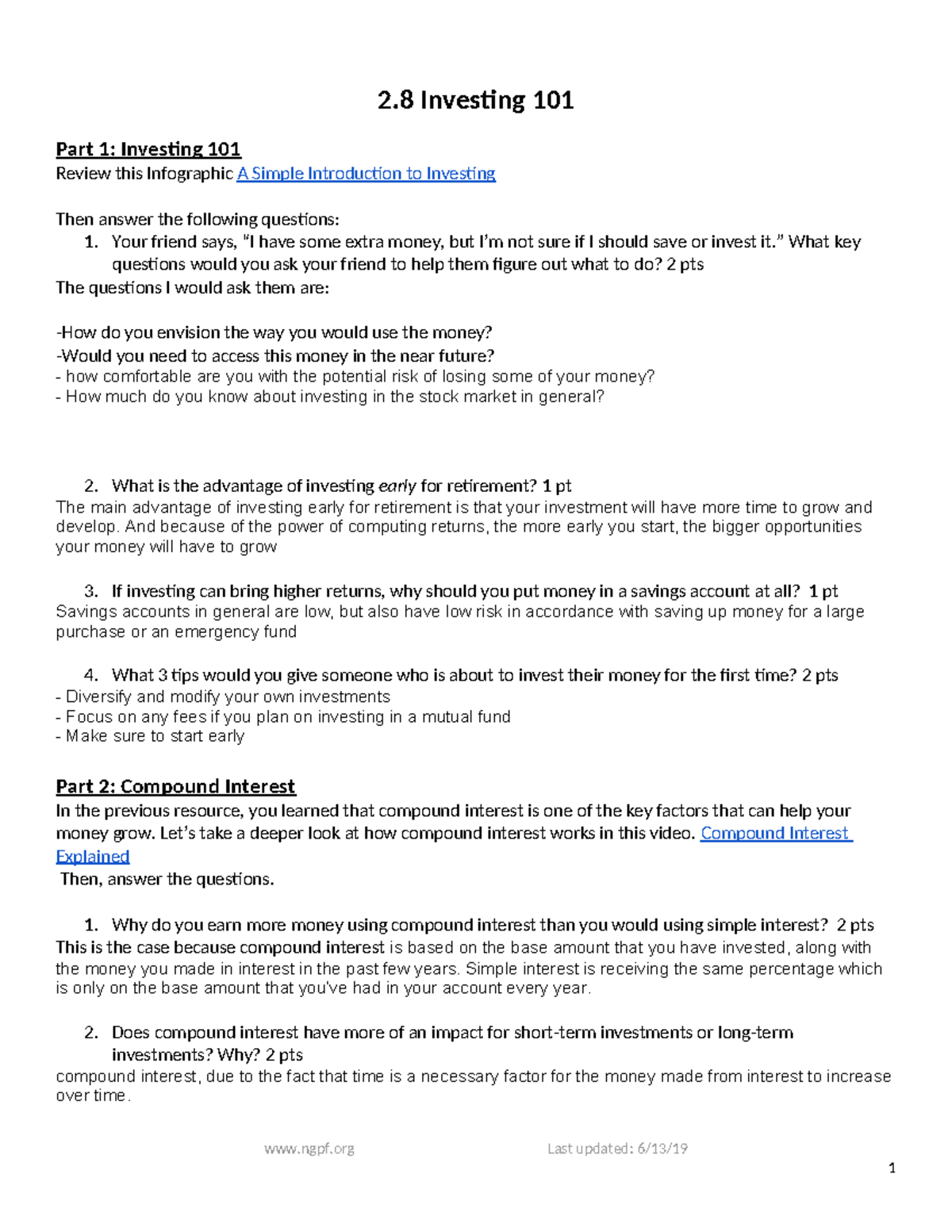 2.8 Investing 101 - 2 Investing 101 Part 1: Investing 101 Review this ...
