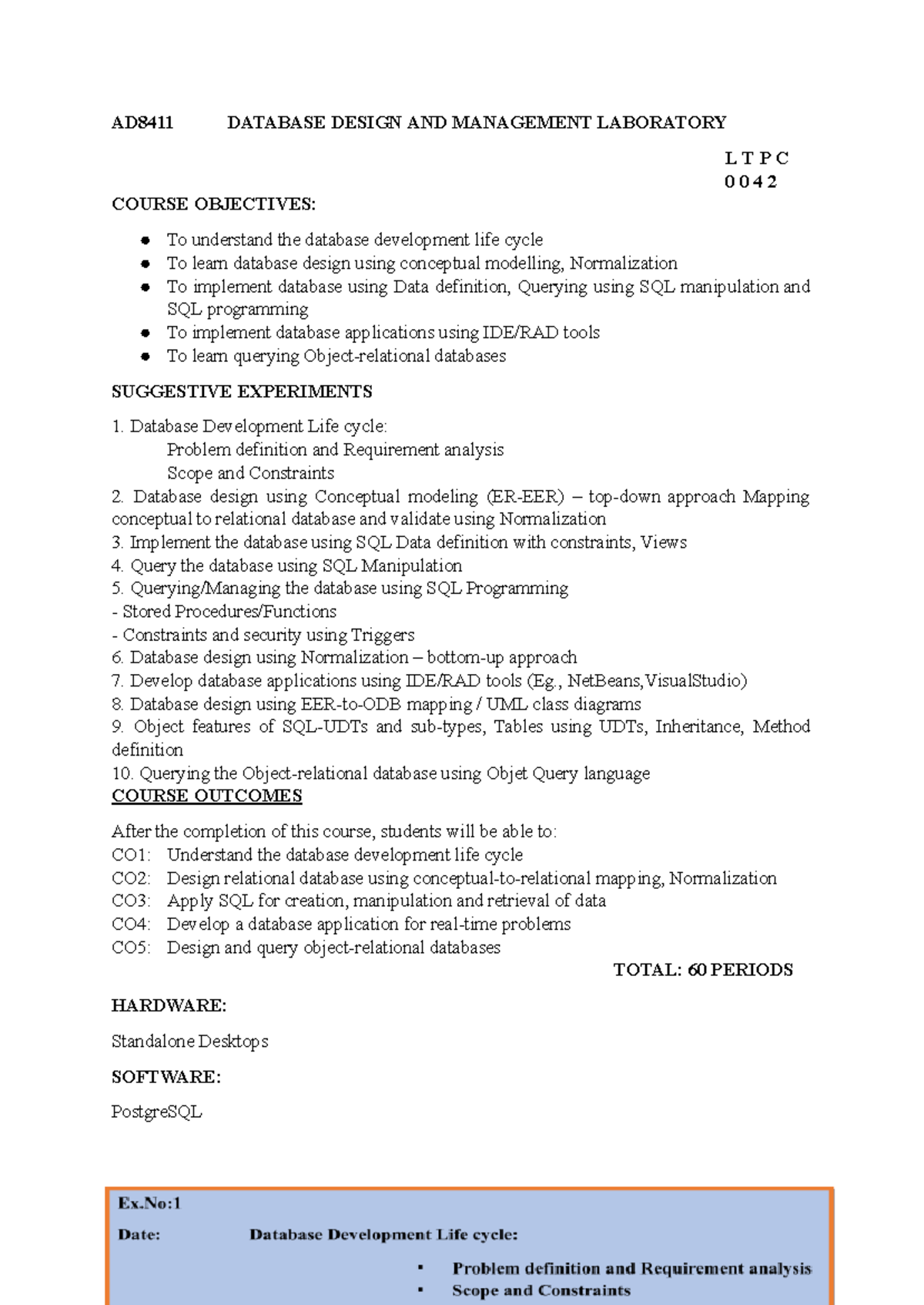 LAB Manual DDM - Important questions - AD8411 DATABASE DESIGN AND MANAGEMENT LABORATORY L T P C ...