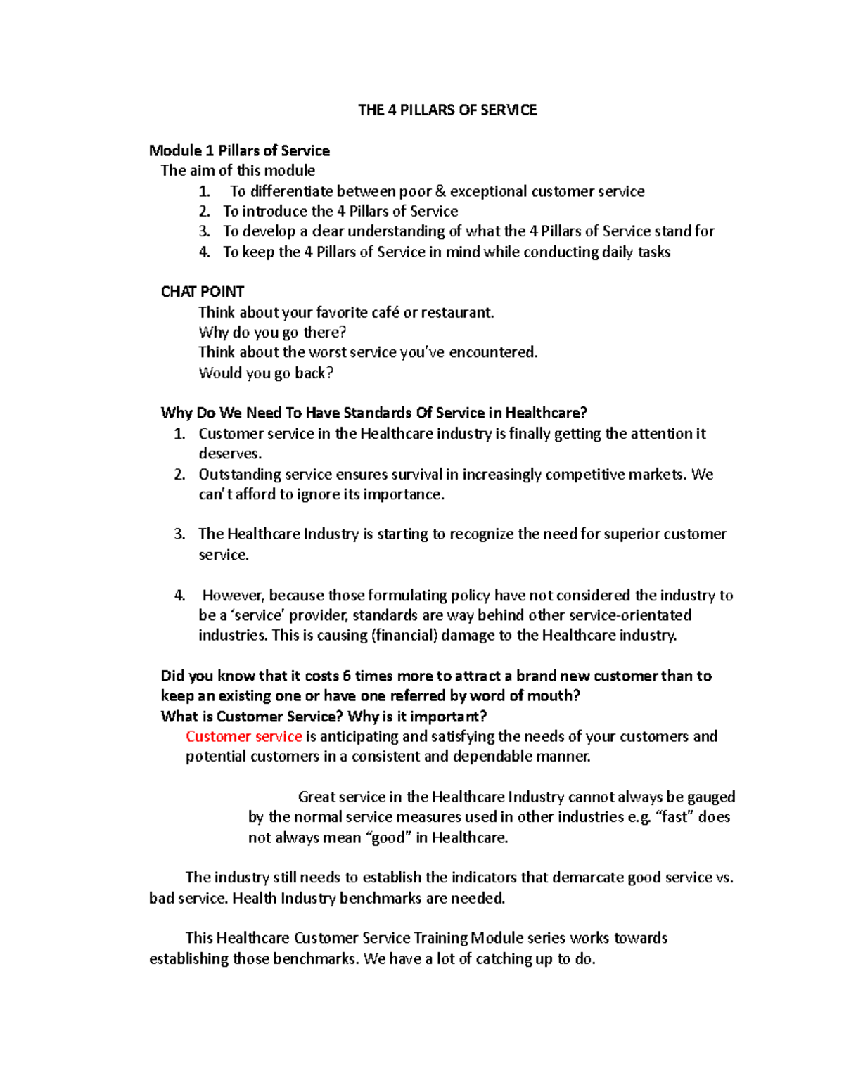 IHCI Pillars of Service - THE 4 PILLARS OF SERVICE Module 1 Pillars of ...