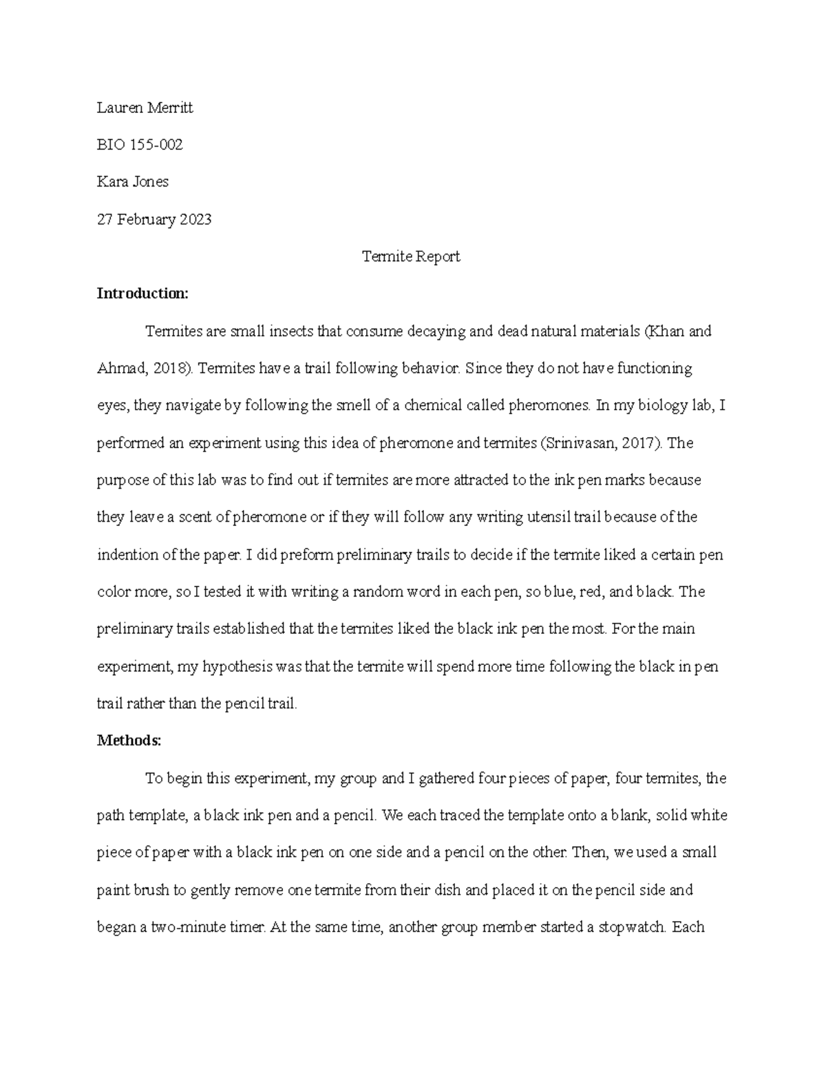 Termite-lab-report - Termite lab report - Lauren Merritt BIO 155- Kara ...