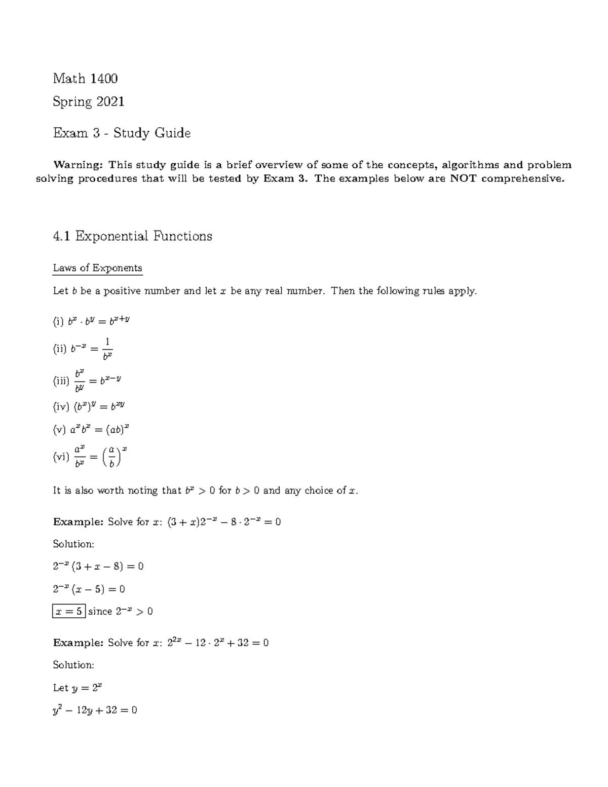 Math 1400 Exam 3 study guide - Math 1400 Spring 2021 Exam 3 - Study ...