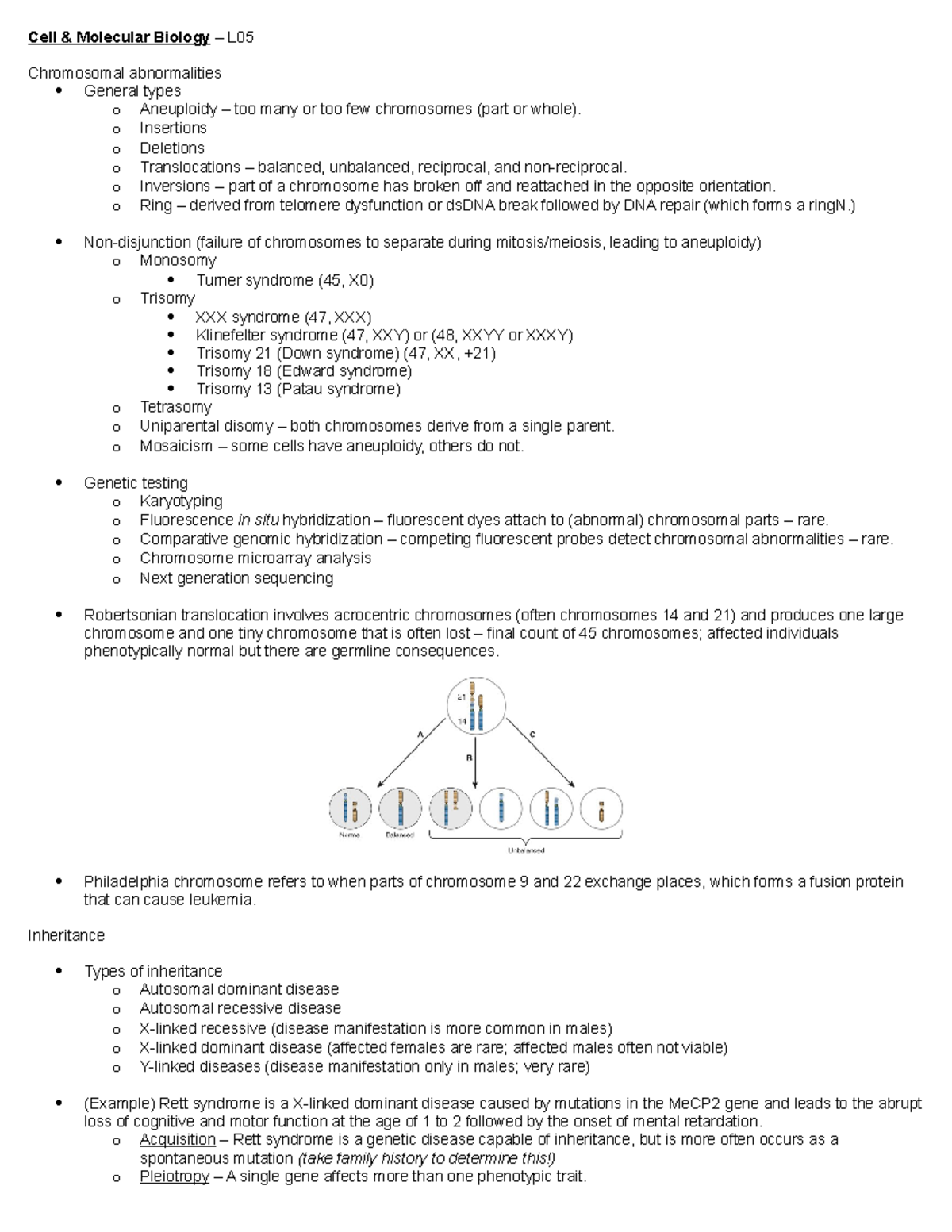 CMB - L05 - Lecture notes 5 - Cell & Molecular Biology – L Chromosomal ...