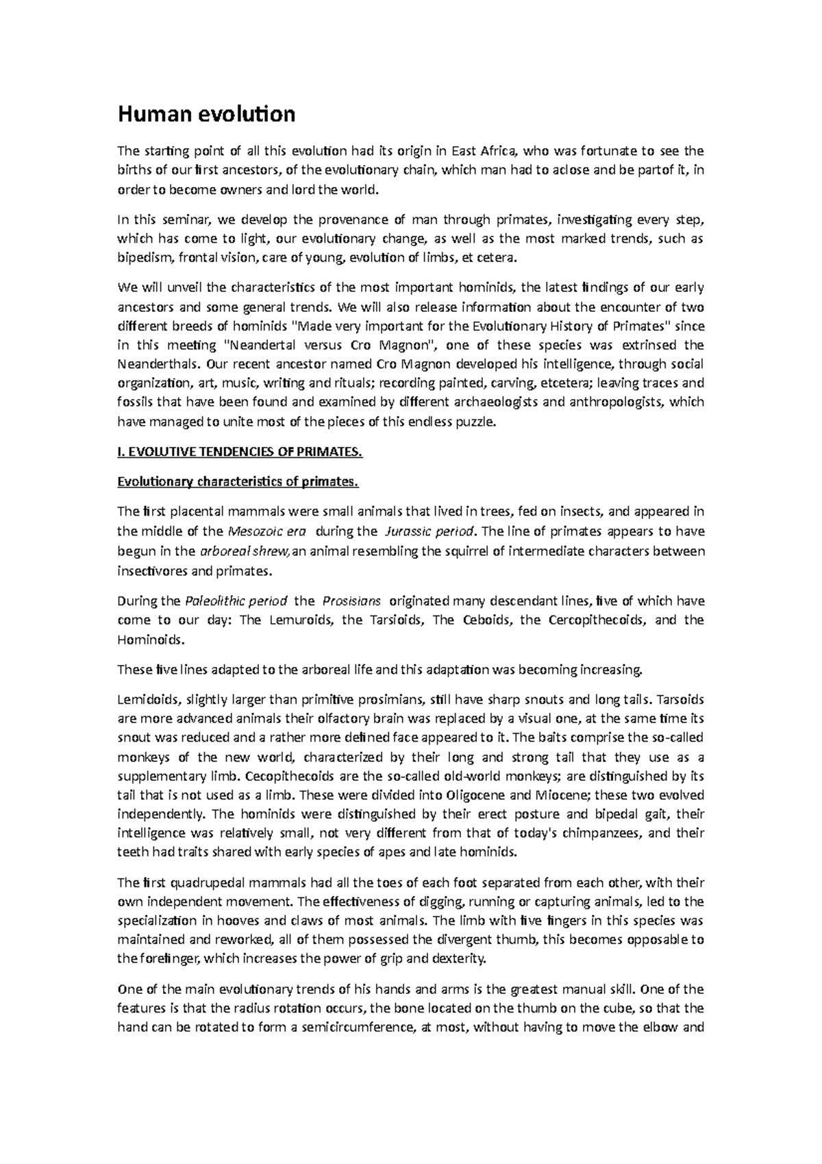 Human evolution - Lecture notes 9 - Human evolution The starting point ...