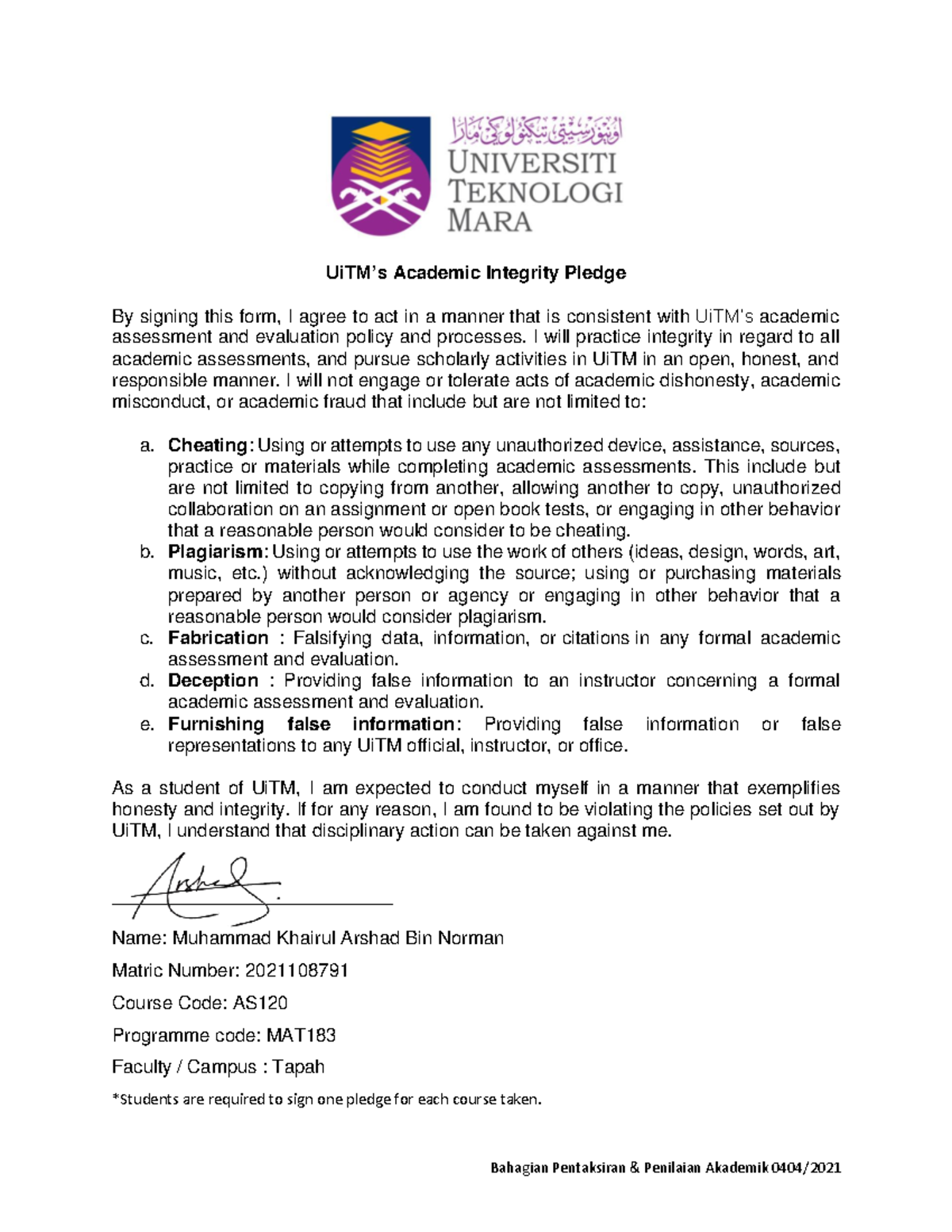 Academic Integrity 0404 (1) - UiTM’s Academic Integrity Pledge By ...