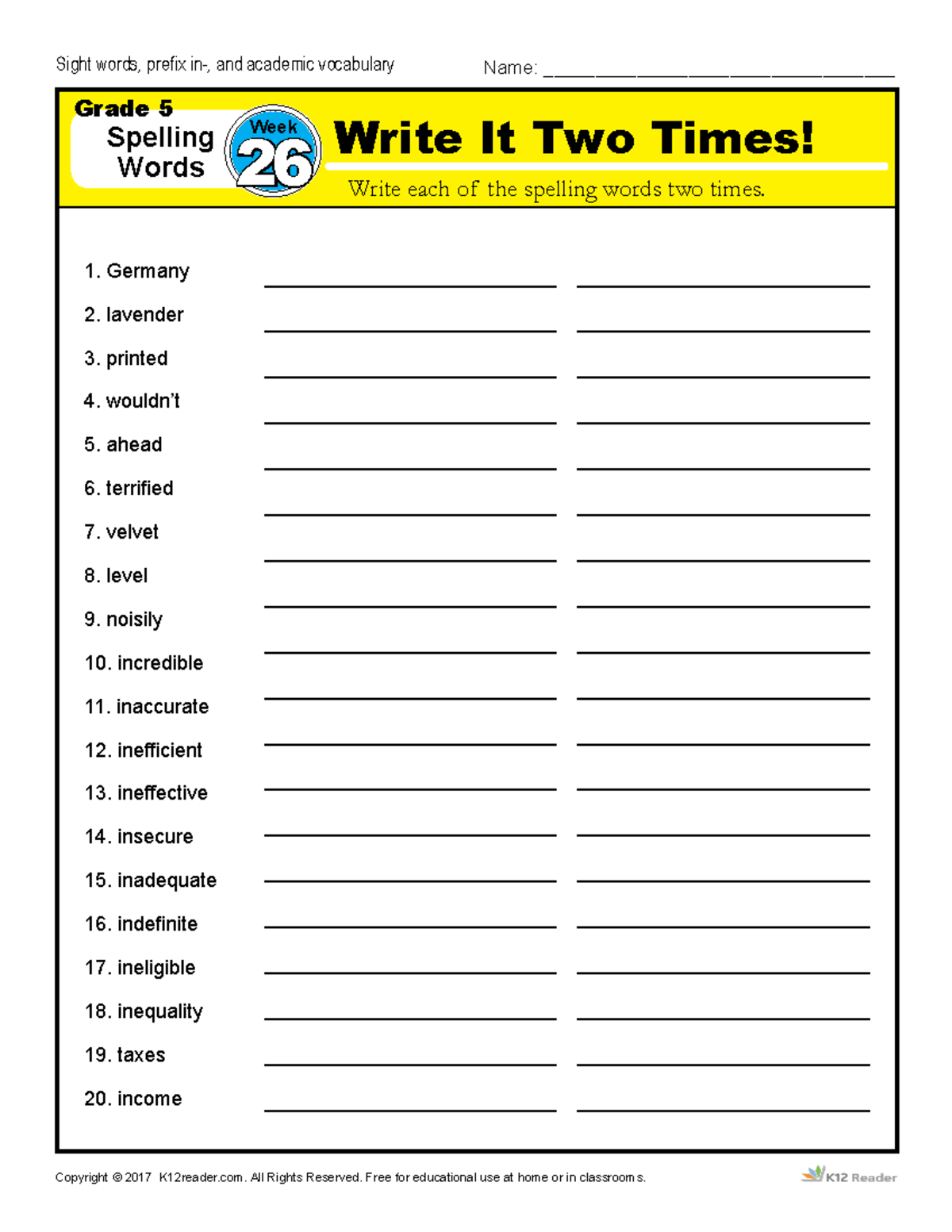 5th Grade Spelling Words Week 26 - Grade 5 Spelling Words Write It Two ...