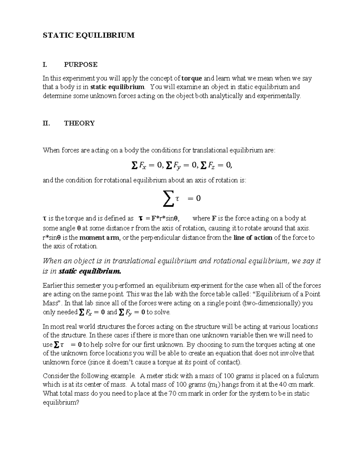 Statics Experiment F16 - STATIC EQUILIBRIUM I. PURPOSE In this ...